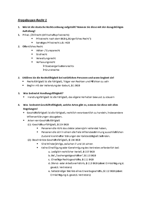 Rechtssubjekte, Rechtsobjekte, Grundlagen Rechtsgeschäfte - Recht 1 ...