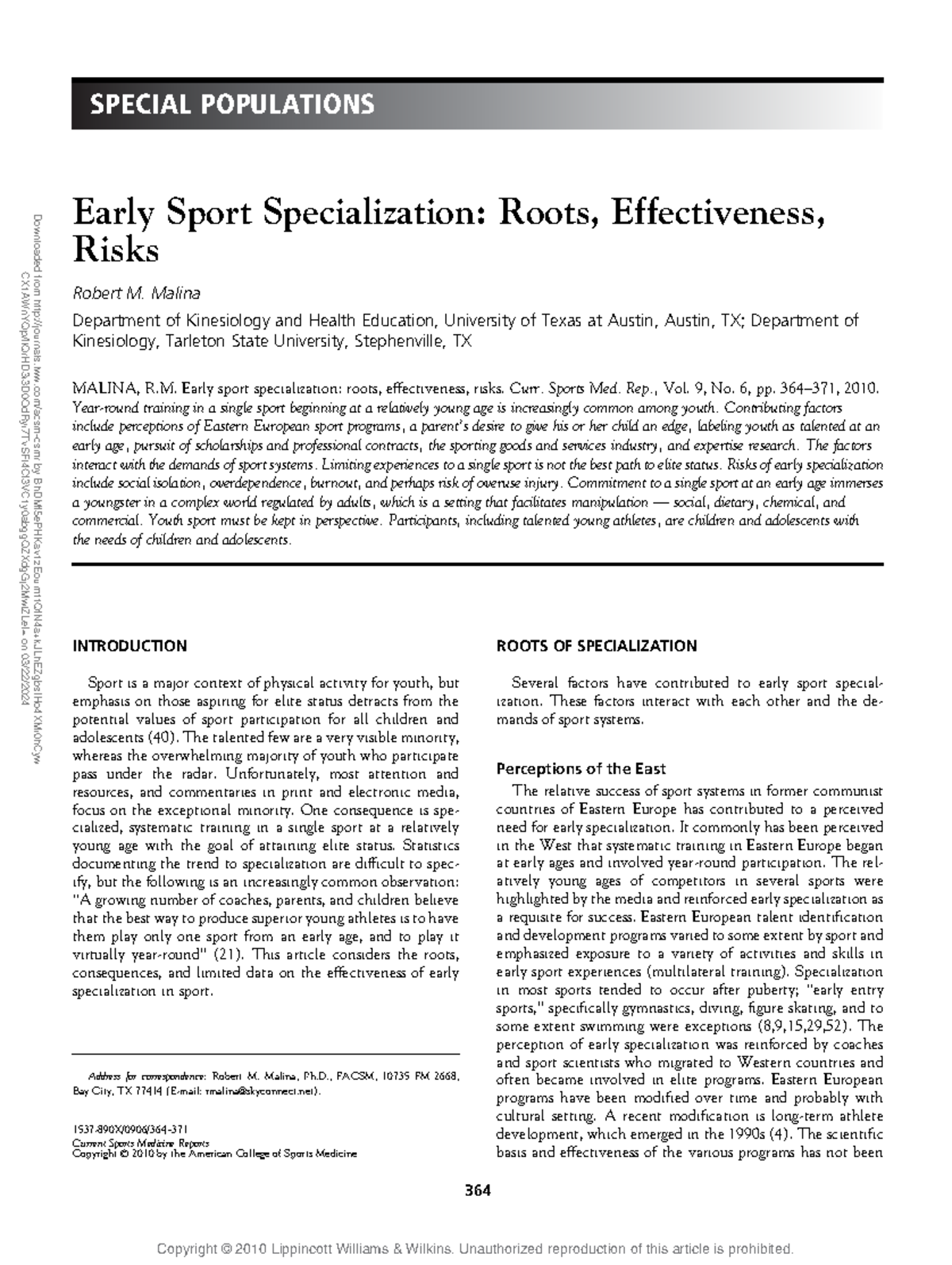 Early sport specialization roots, effectiveness - Early Sport ...