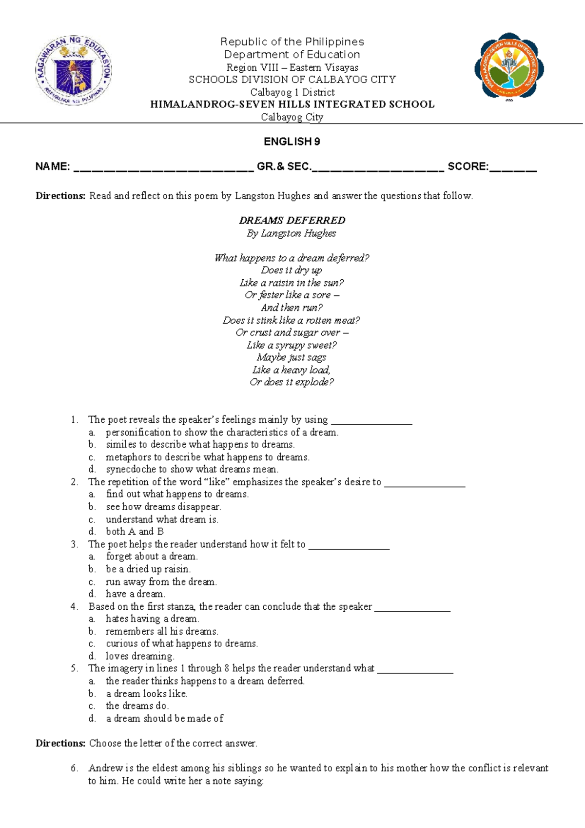 SUMQ4 G9 English - ththt - Republic of the Philippines Department of ...