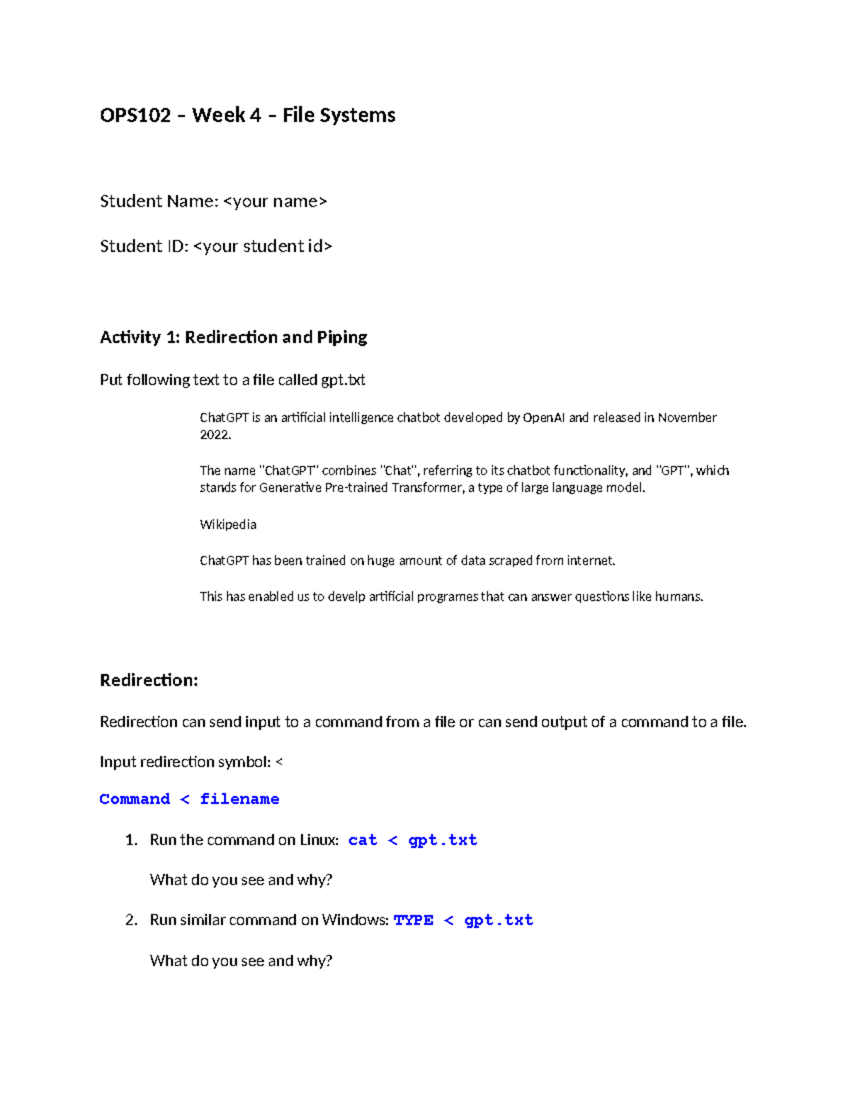 OPS102 - Week 4 - ops - OPS102 – Week 4 – File Systems Student Name ...