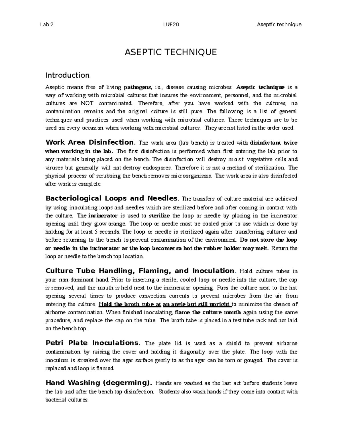 Aseptic Technique - notes - Lab 2 LUF20 Aseptic technique ASEPTIC ...