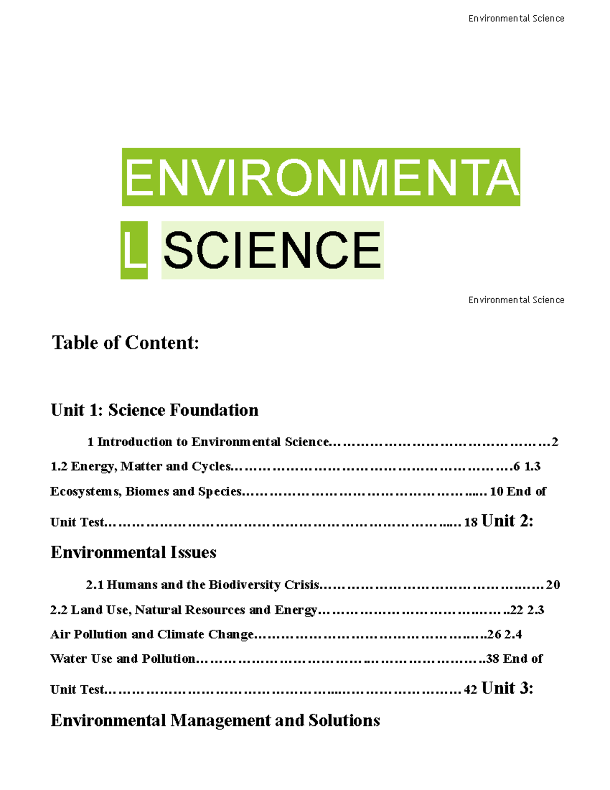 Module in Environmental Science - Environmental Science ENVIRONMENTA L ...