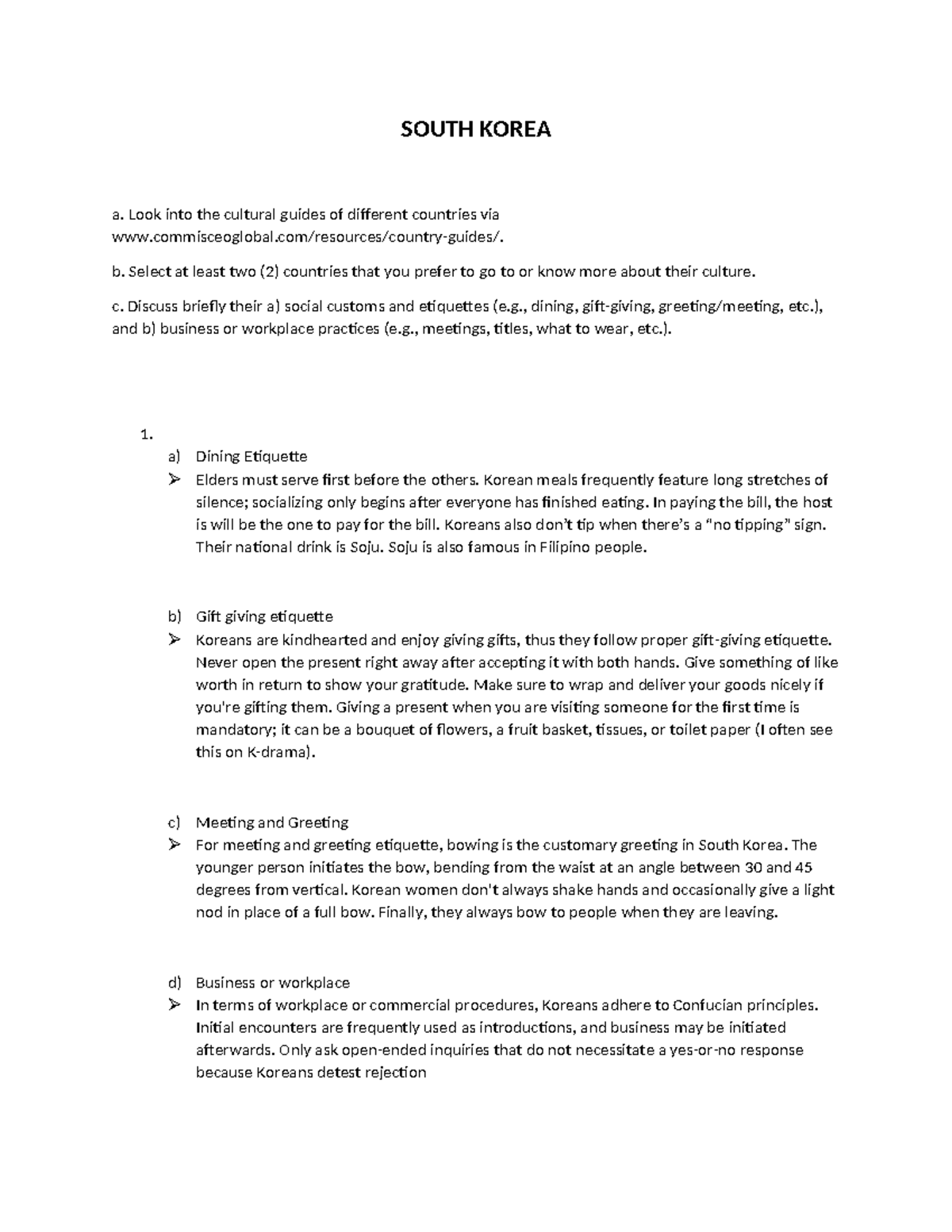 South Korea - SOUTH KOREA a. Look into the cultural guides of different ...