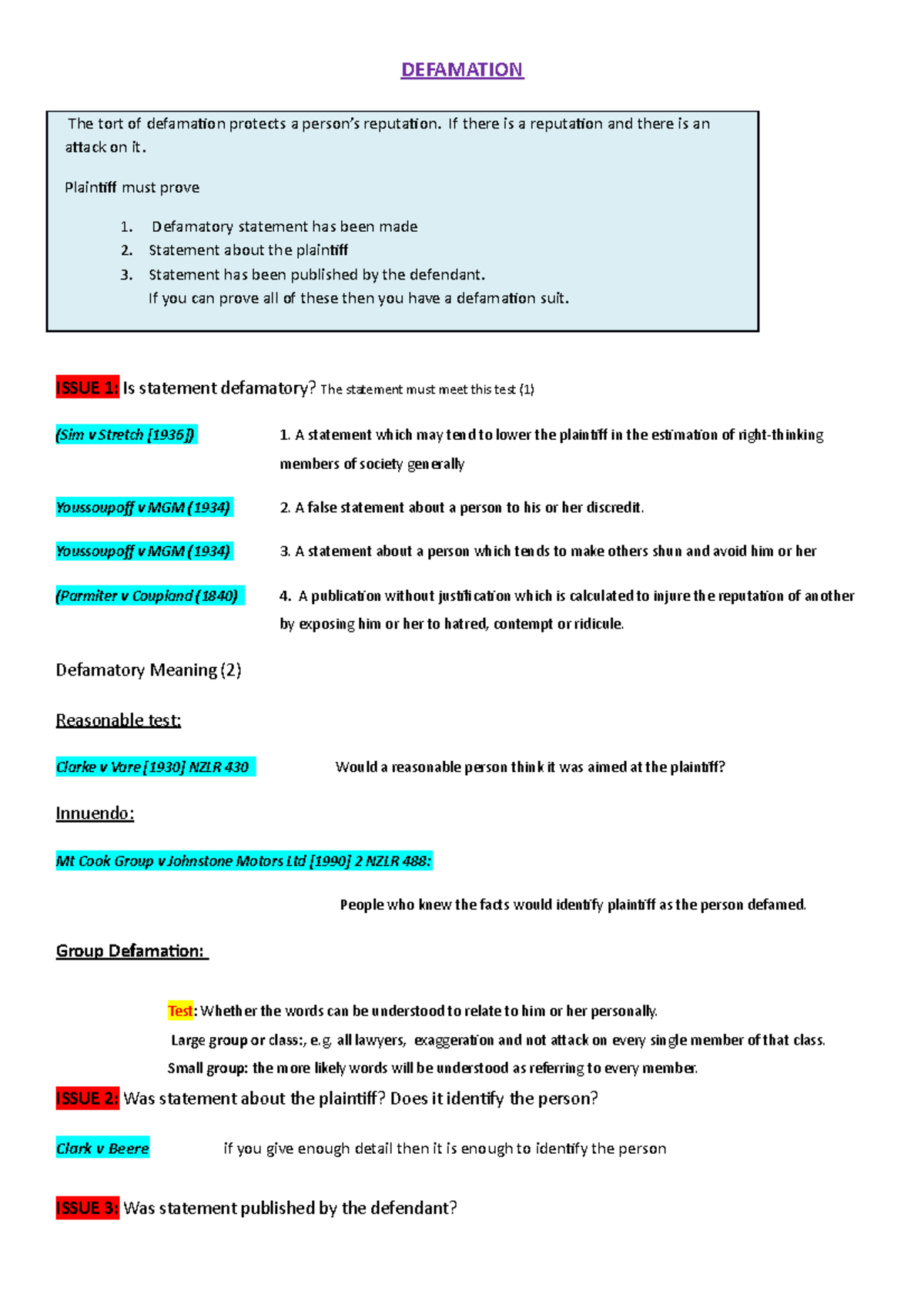 Torts Full Year Notes 2015 EXAM Takein - DEFAMATION The tort of ...