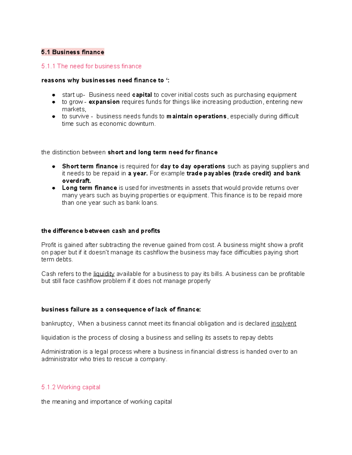 Unit 5 Finance-1 - finance notes - 5 Business finance 5.1 The need for ...