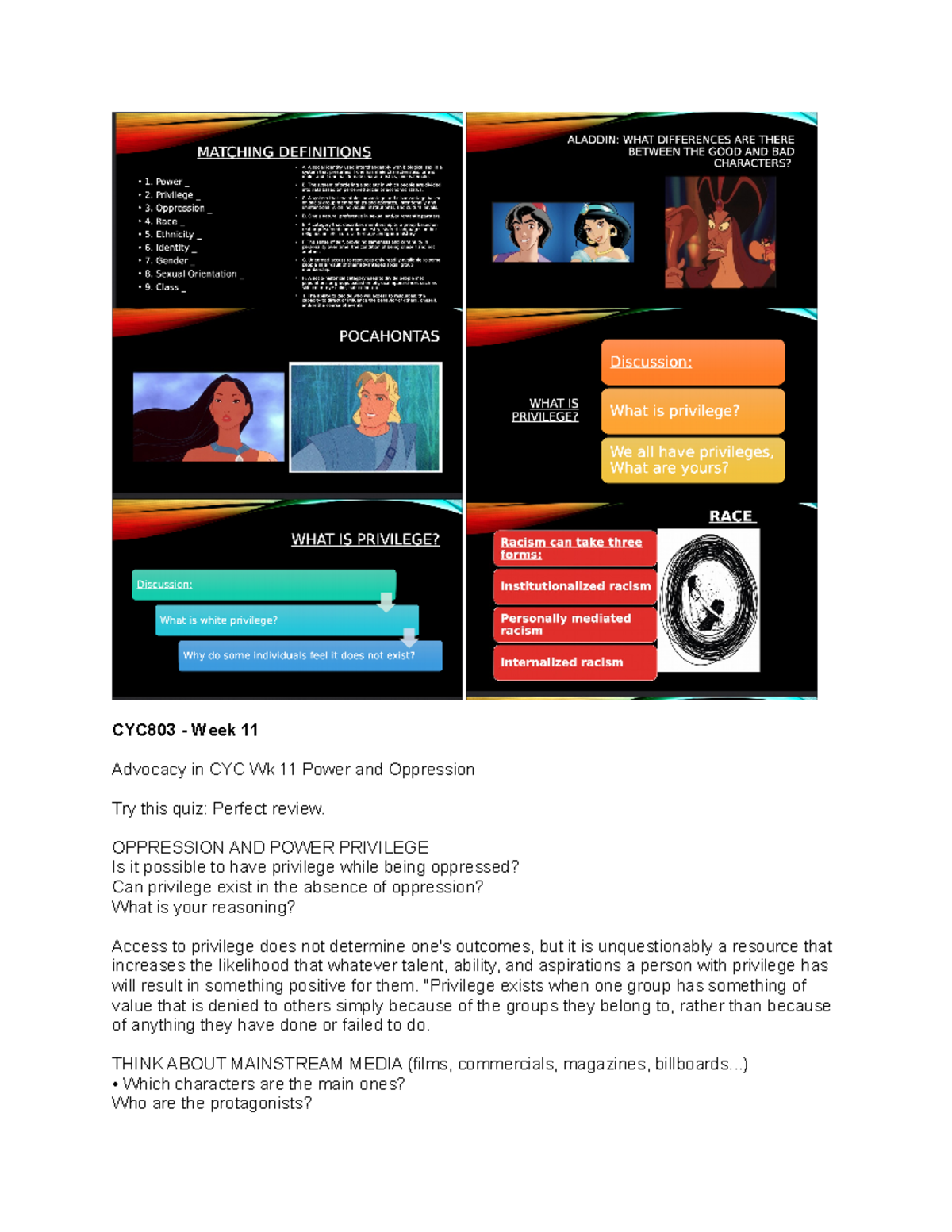 CYC803 - Week 11 - Week 11 lecture: power, privilege and oppression - CYC803 - Week 11 Advocacy ...