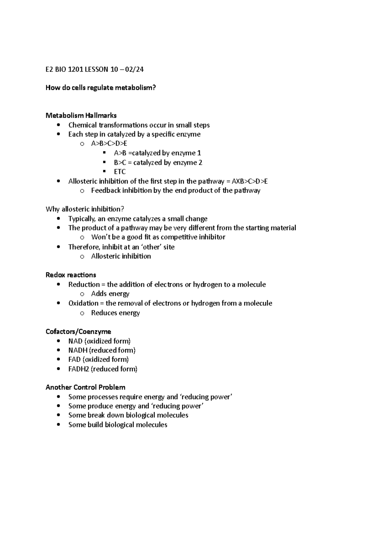 E2 BIO 1201 Lesson 10 - Lecture notes 10 - E2 BIO 1201 LESSON 10 – 02/ ...