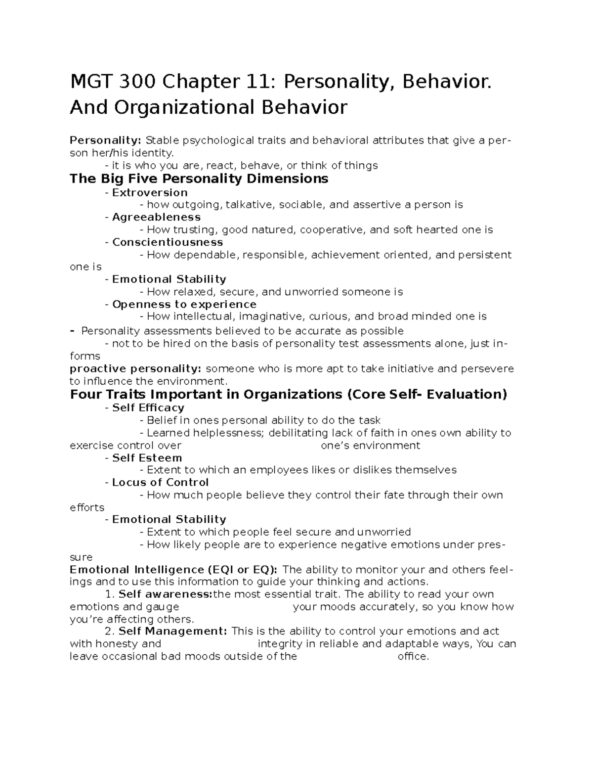 MGT 300 Chapter 11-16 Notes - MGT 300 Chapter 11: Personality, Behavior ...