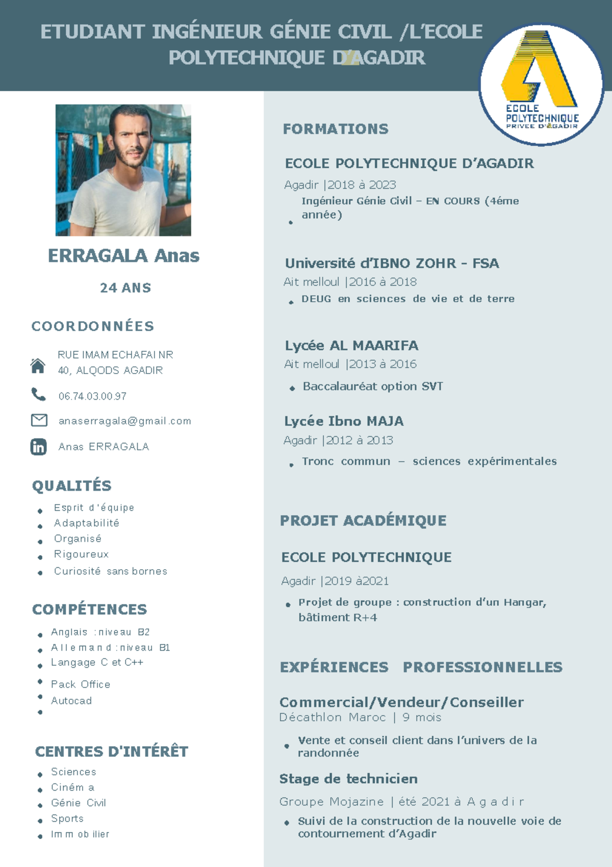 CV français 2021 - Zzz - ETUDIANT INGÉNIEUR GÉNIE CIVIL /L’ECOLE ...