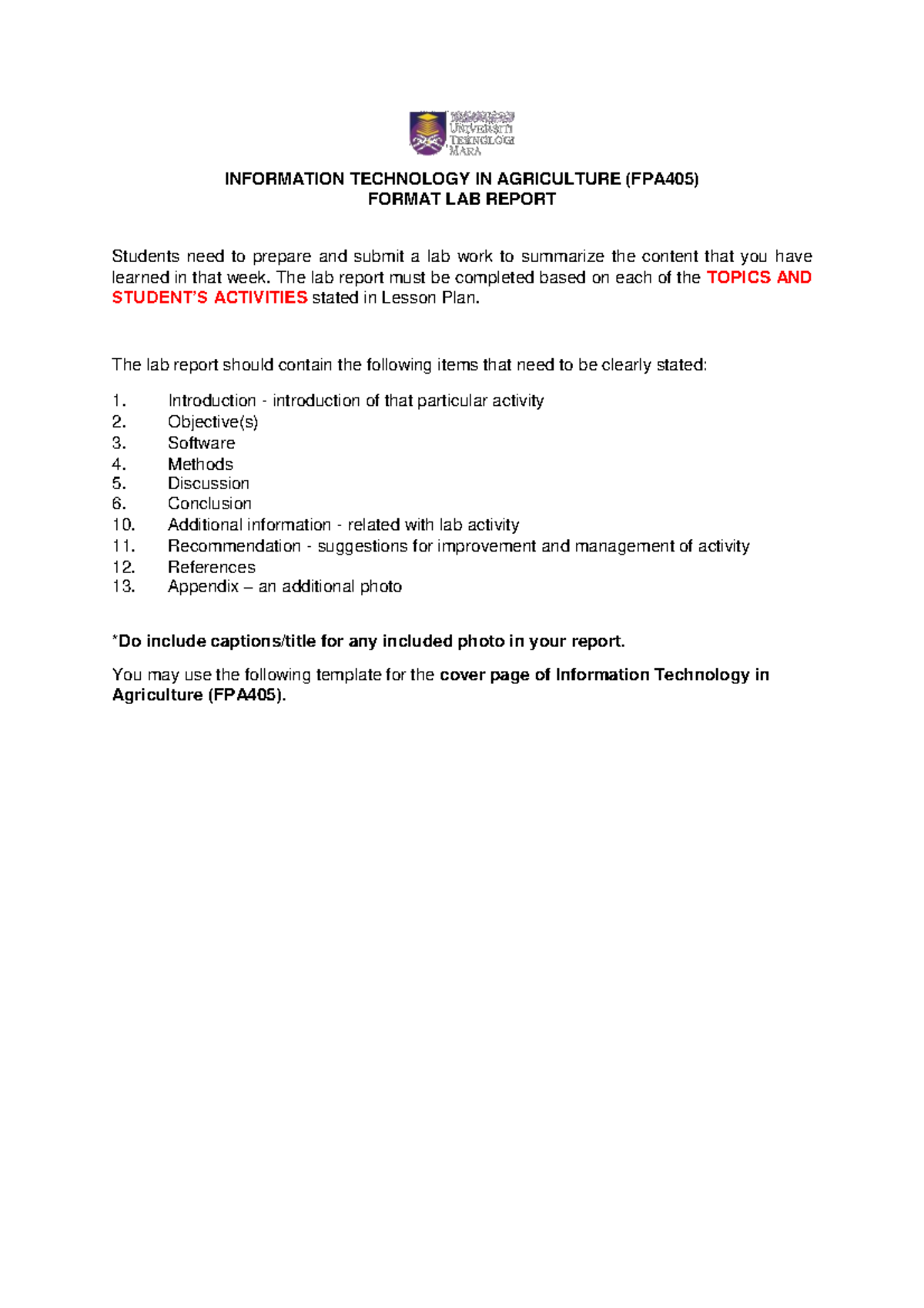 FPA405 Format Lab Report - INFORMATION TECHNOLOGY IN AGRICULTURE (FPA405) FORMAT LAB REPORT ...
