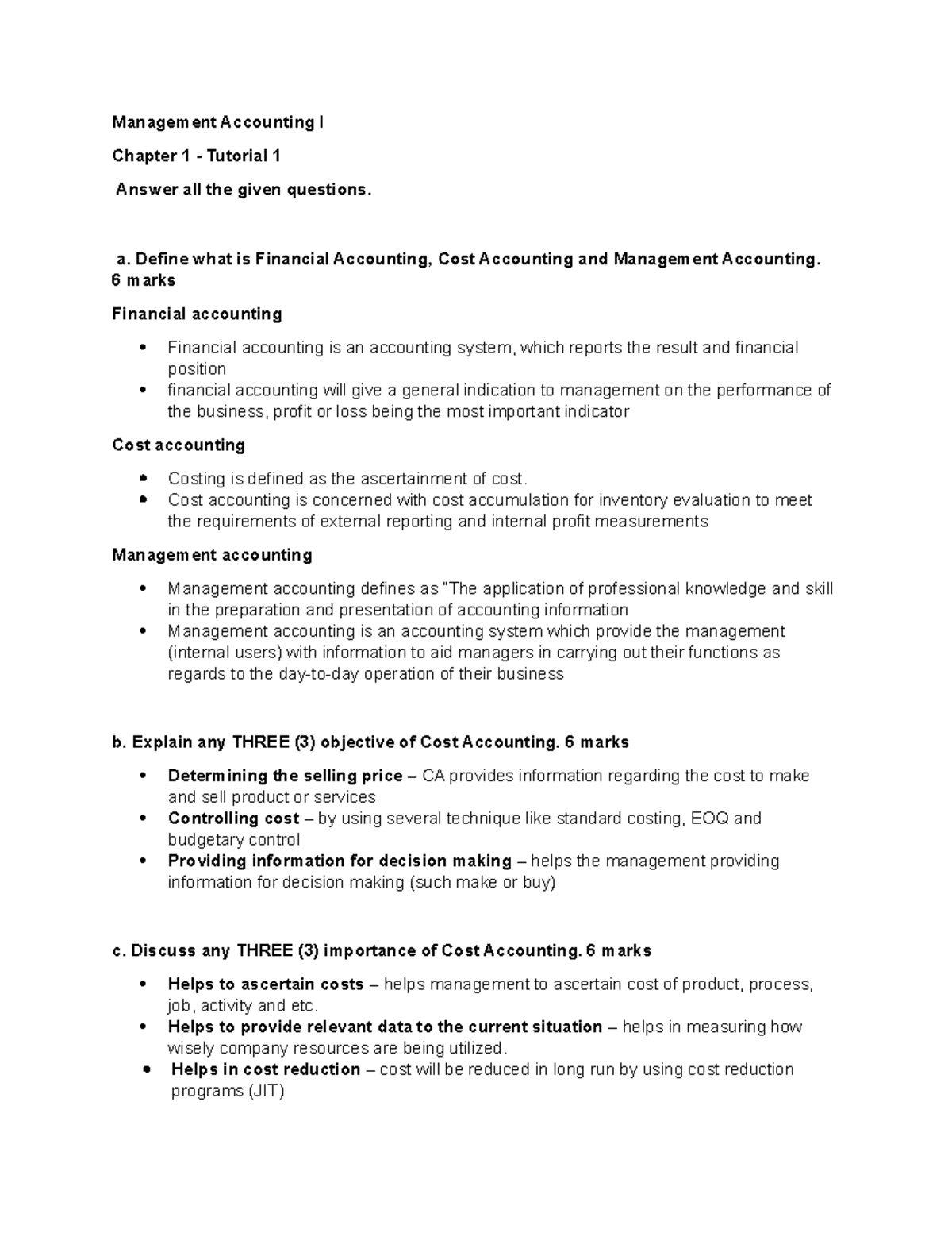 TUTO 1 - tuto - Management Accounting I Chapter 1 - Tutorial 1 Answer ...