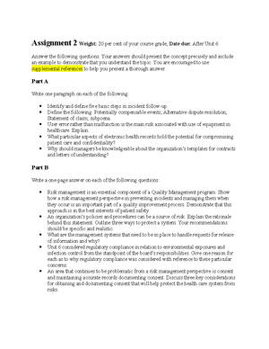 HADM 488 - Assignment 2 written - Assignment # Name HADM 488 Athabasca University Tutor ...