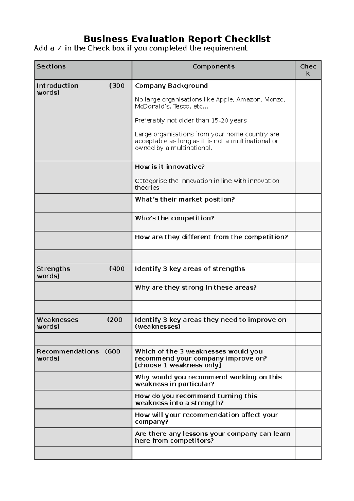CEI Coursework-1-Checklist - Business Evaluation Report Checklist Add a ...