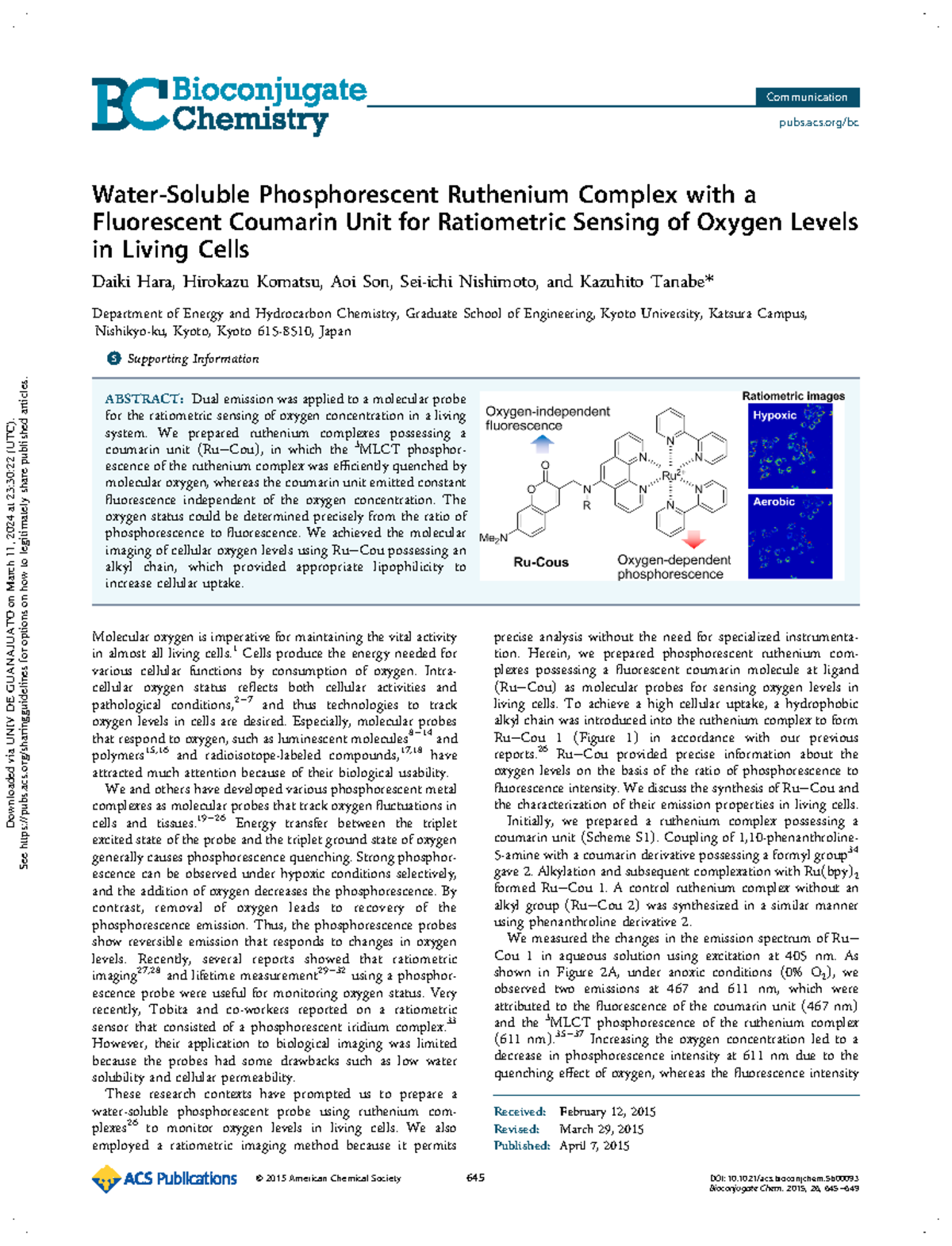 Hara et al 2015 water soluble phosphorescent ruthenium complex with a ...