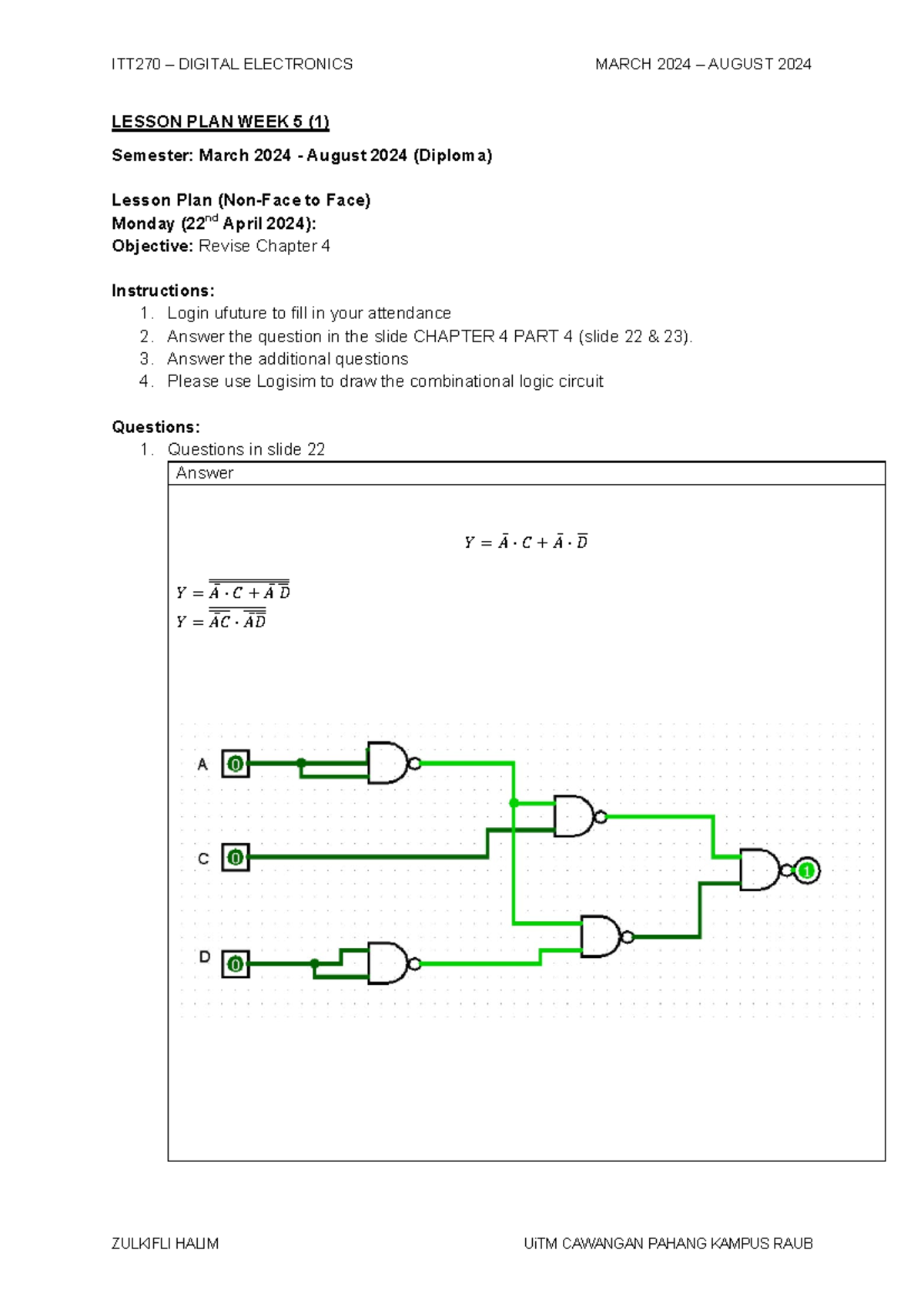 LP WEEK5 - LESSON PLAN WEEK 5 (1) Semester: March 2024 - August 2024 ...