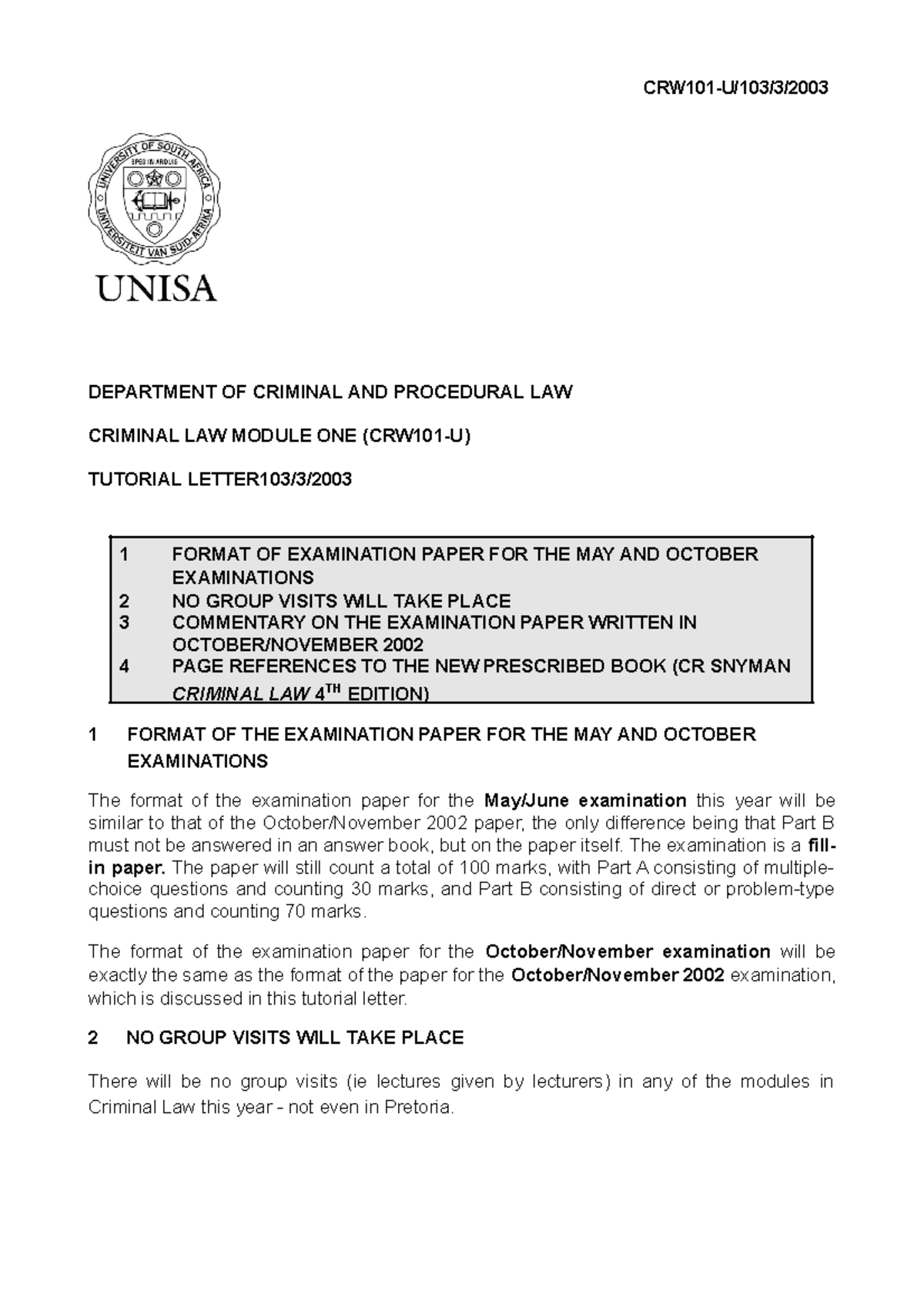 CRW2601-2002 Exam Paper 1 MEMO - CRW101-U/103/3/ DEPARTMENT OF CRIMINAL ...
