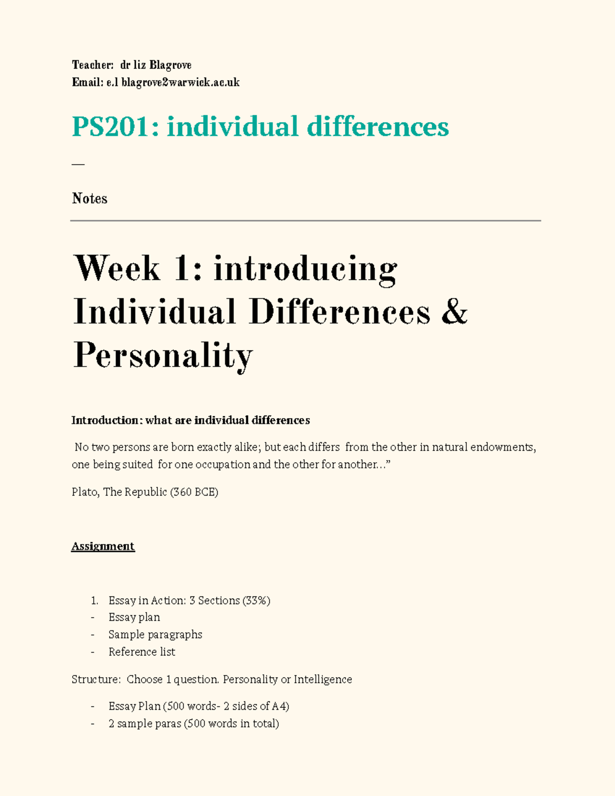 PS201 Individual differences - Teacher: dr liz Blagrove Email: e ...