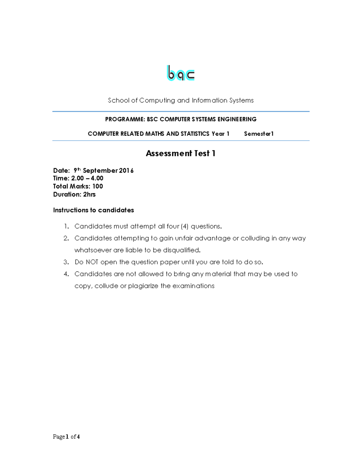 Cw12016 sept - CMS - School of Computing and Information Systems PROGRAMME: BSC COMPUTER SYSTEMS ...