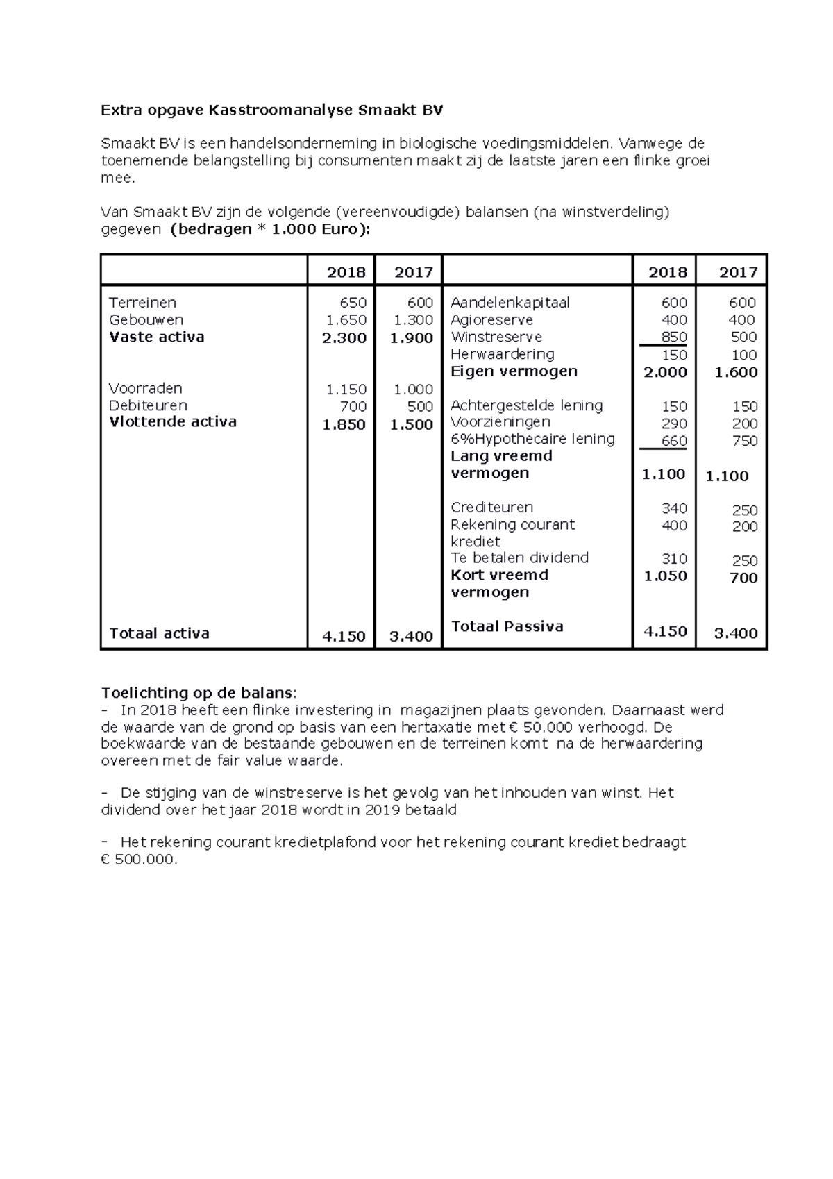 Extra oefenopgave vrije kasstroom - Extra opgave Kasstroomanalyse ...