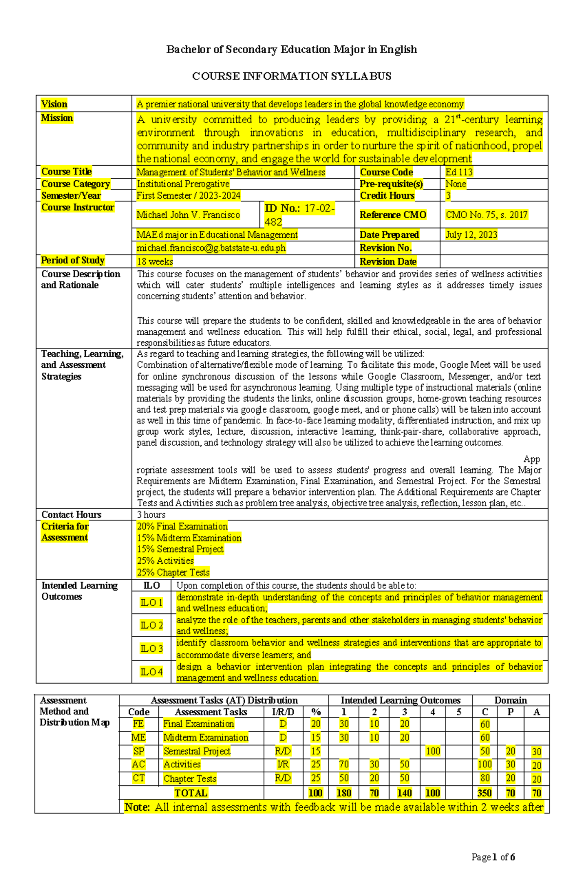 Syllabus Ed 113 Eng - Bachelor of Secondary Education Major in English ...