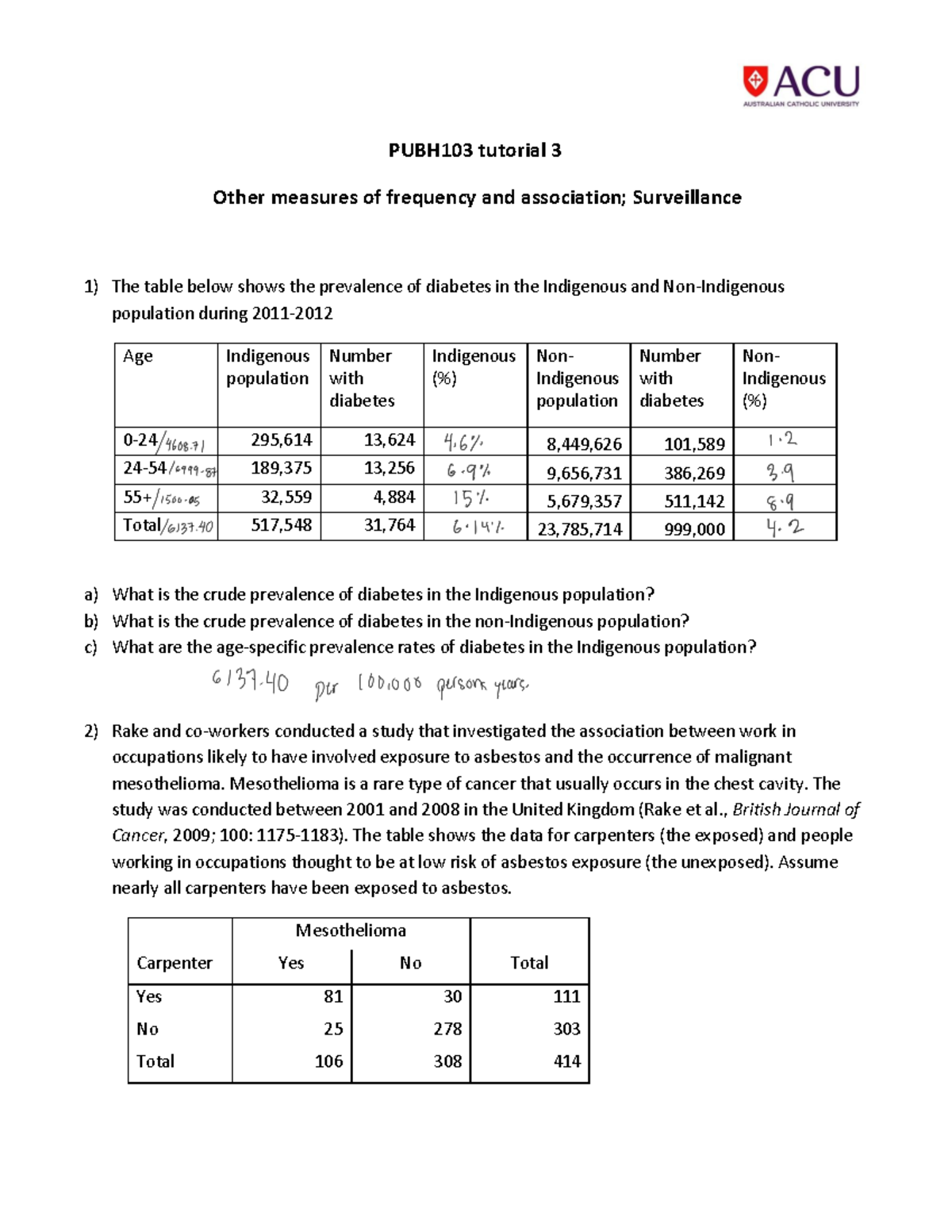 Tutorial 3 Questions Pubh103 Tutorial 3 Other Measures Of Frequency
