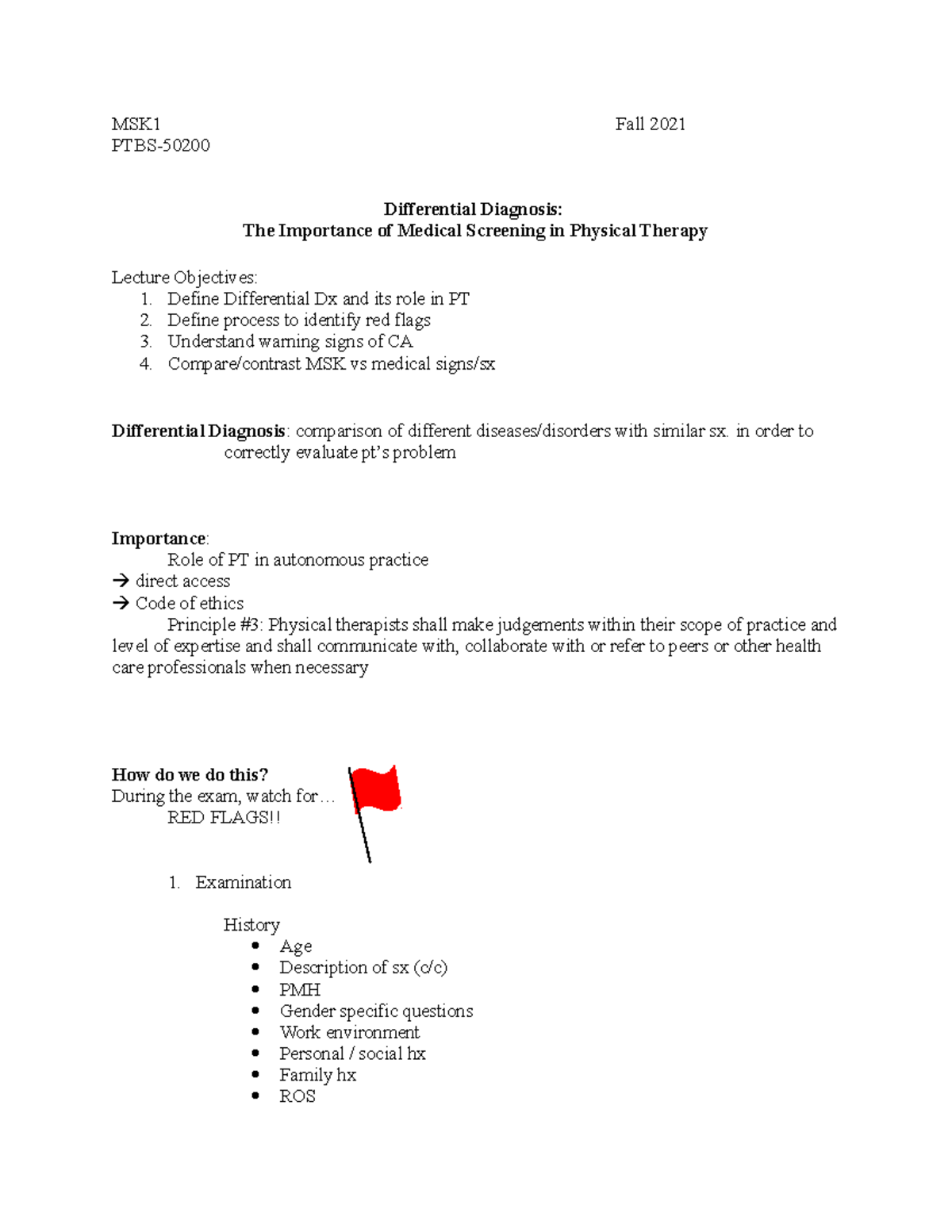Diff dx lecture outline - MSK1 Fall 2021 PTBS- Differential Diagnosis ...