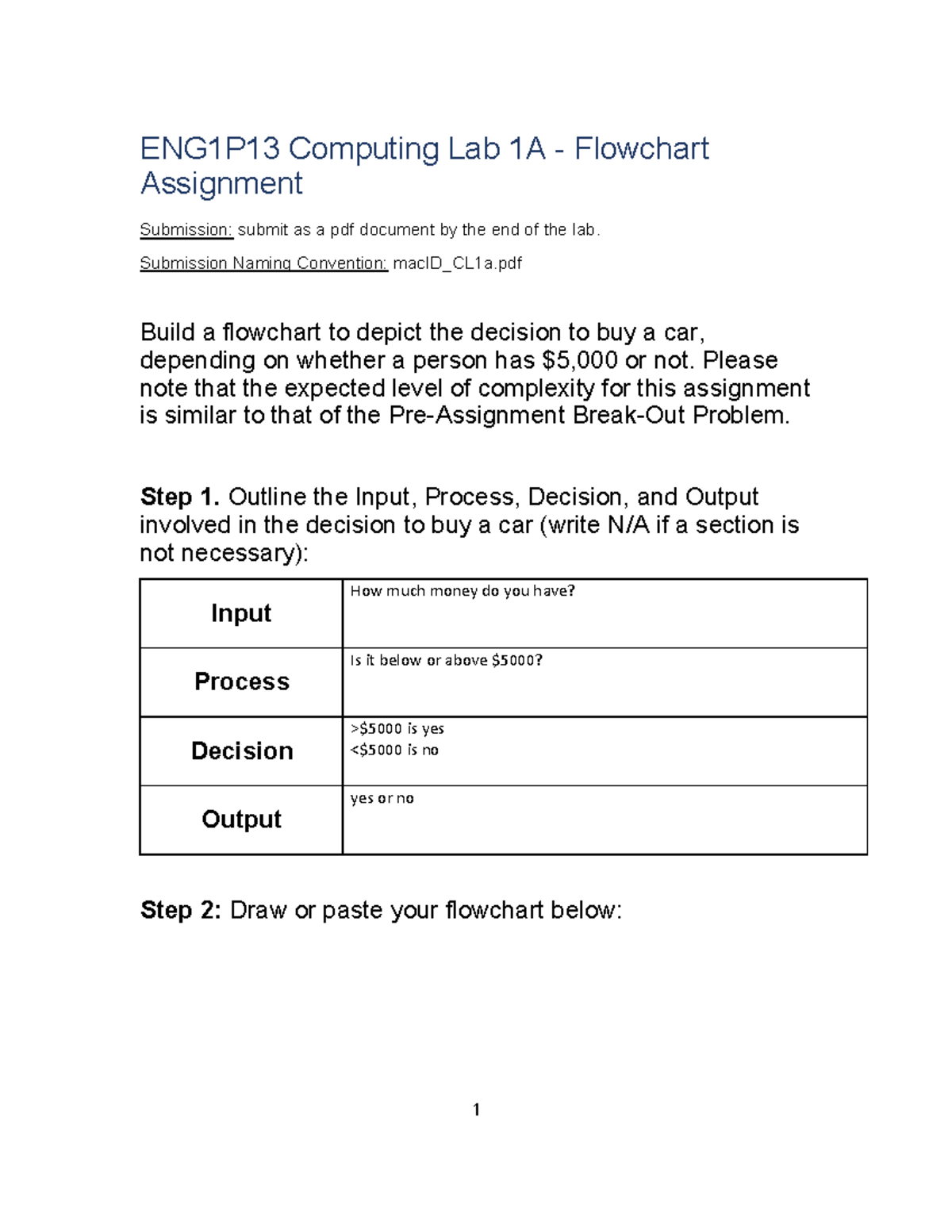 computing lab 1 - ENG1P13 Computing Lab 1A - Flowchart Assignment Submission: submit as a pdf ...