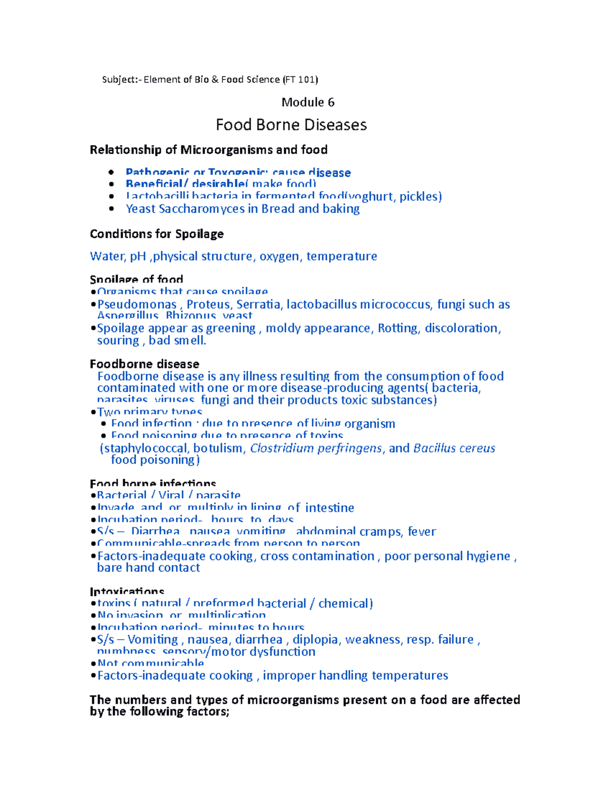 EBFS-6(Food borne diseases) - Subject:- Element of Bio & Food Science ...