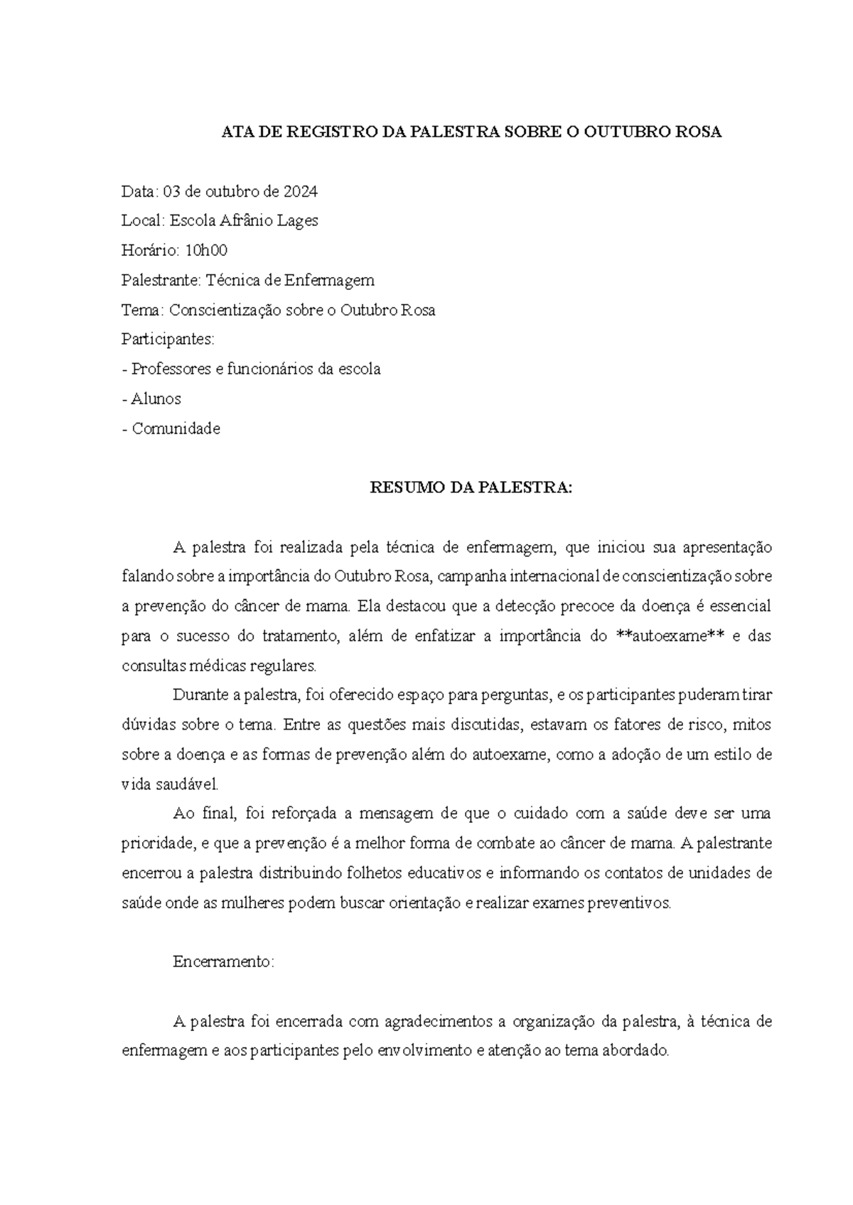 ATA DE Registro DA Palestra Sobre O Outubro ROSA - ATA DE REGISTRO DA ...