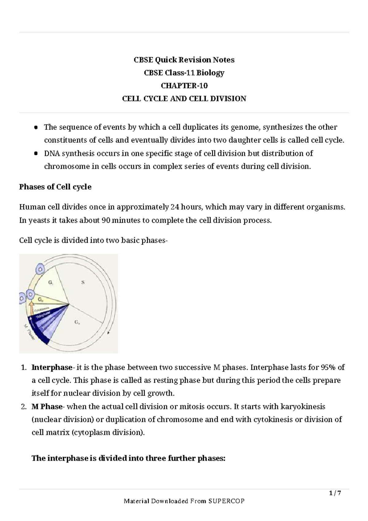 CELL CYCLE AND CELL DIVISION - 1 / 7 CBSE Quick Revision Notes CBSE ...