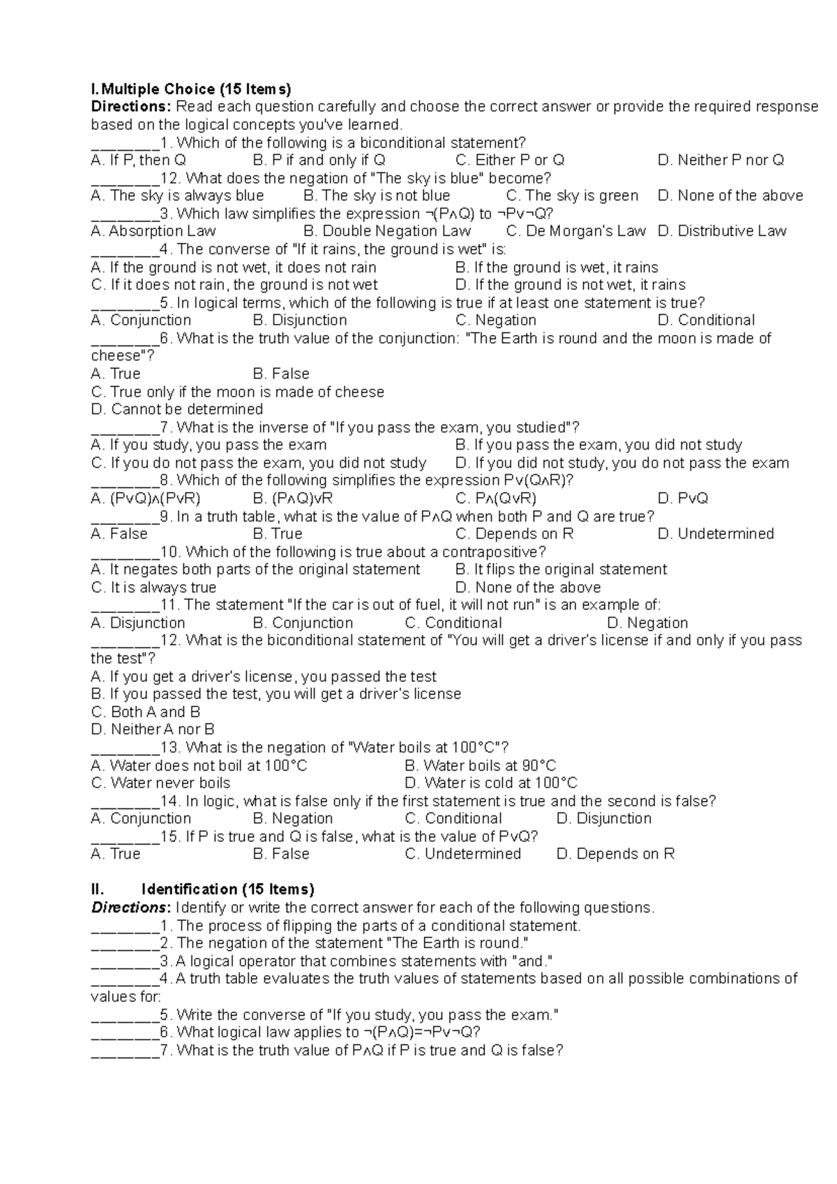 Quiz - DISCRETE MATHEMATICS ACTIVITIES - I Choice (15 Items) Directions ...