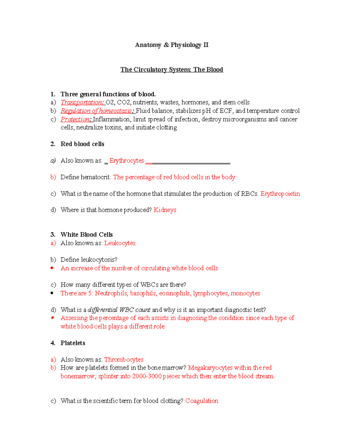 Lab - Blood - answers to worksheet - Anatomy & Physiology II The ...