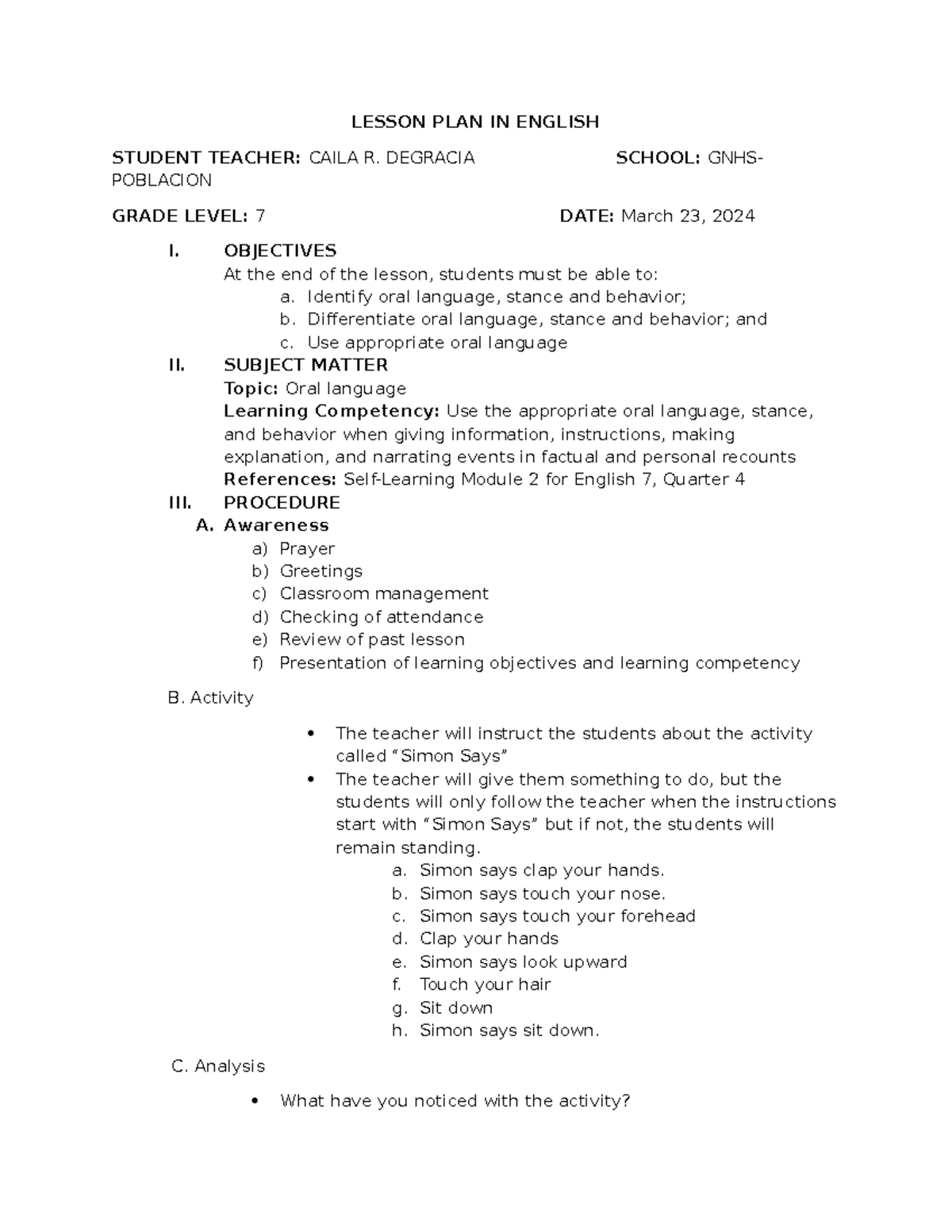 LP for Oral Language 081715 - LESSON PLAN IN ENGLISH STUDENT TEACHER ...