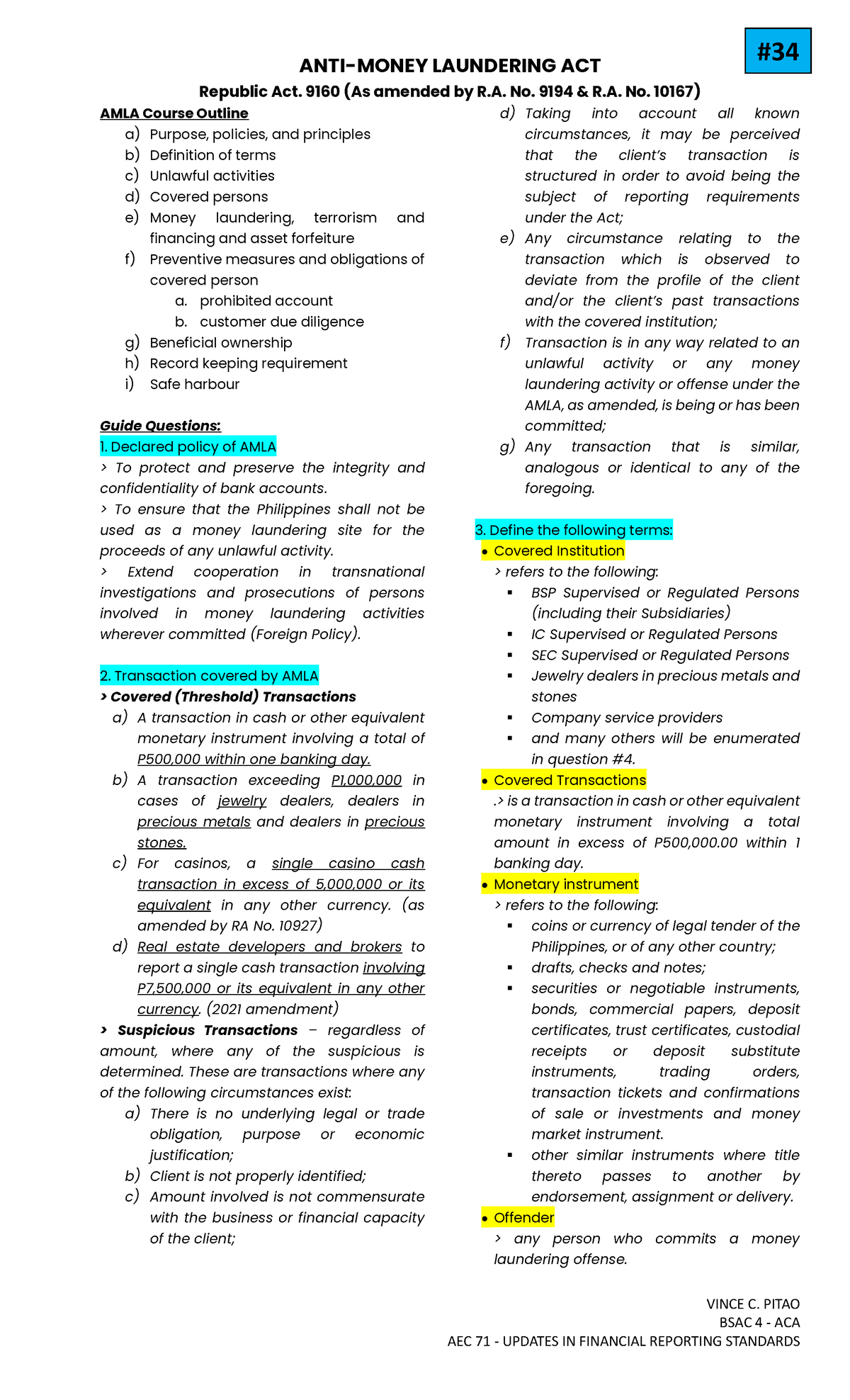 AMLA Law Outline - ANTI-MONEY LAUNDERING ACT Republic Act. 9160 (As ...