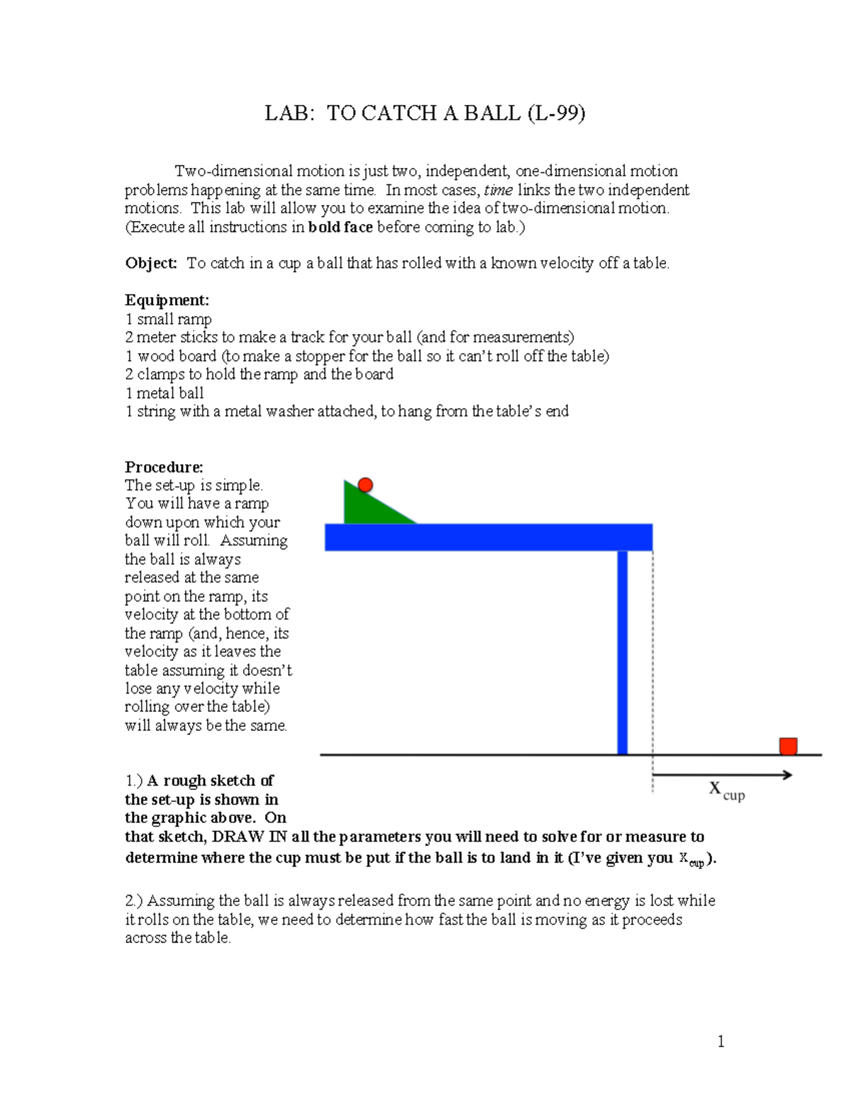 Ball off table lab (L-99) - 1 LAB: TO CATCH A BALL (L-99) Two ...