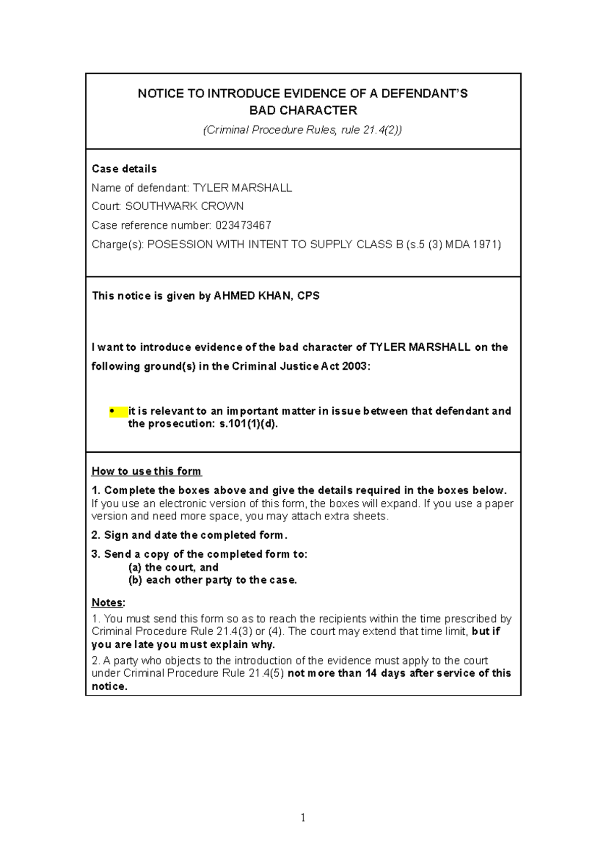 Application Notice (bad character) - NOTICE TO INTRODUCE EVIDENCE OF A ...