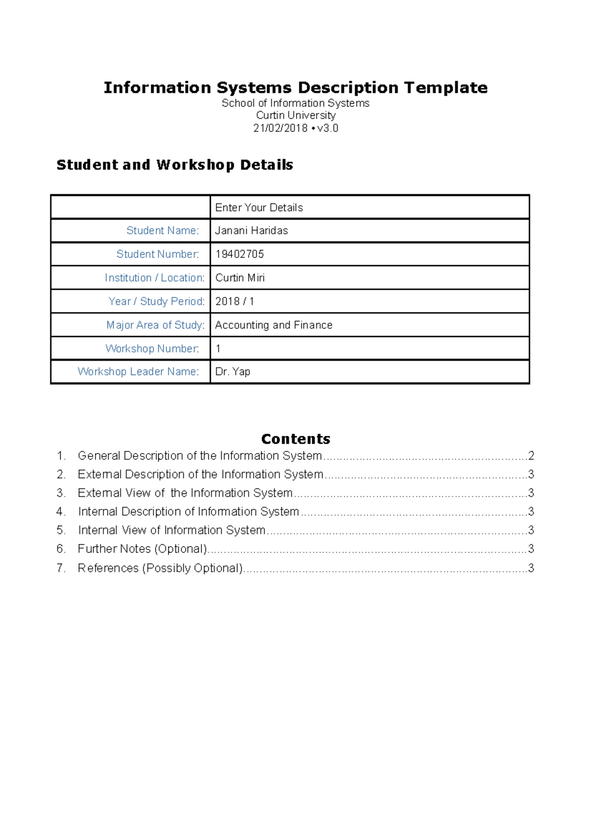 BIS final assignment - Information Systems Description Template School ...