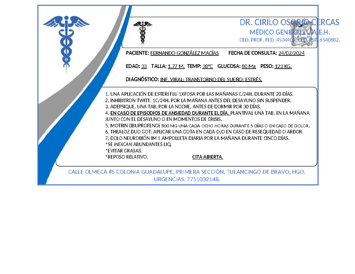 Receta Médica Formato DR Cirilo Osorio Cercas - DR. CIRILO OSORIO ...