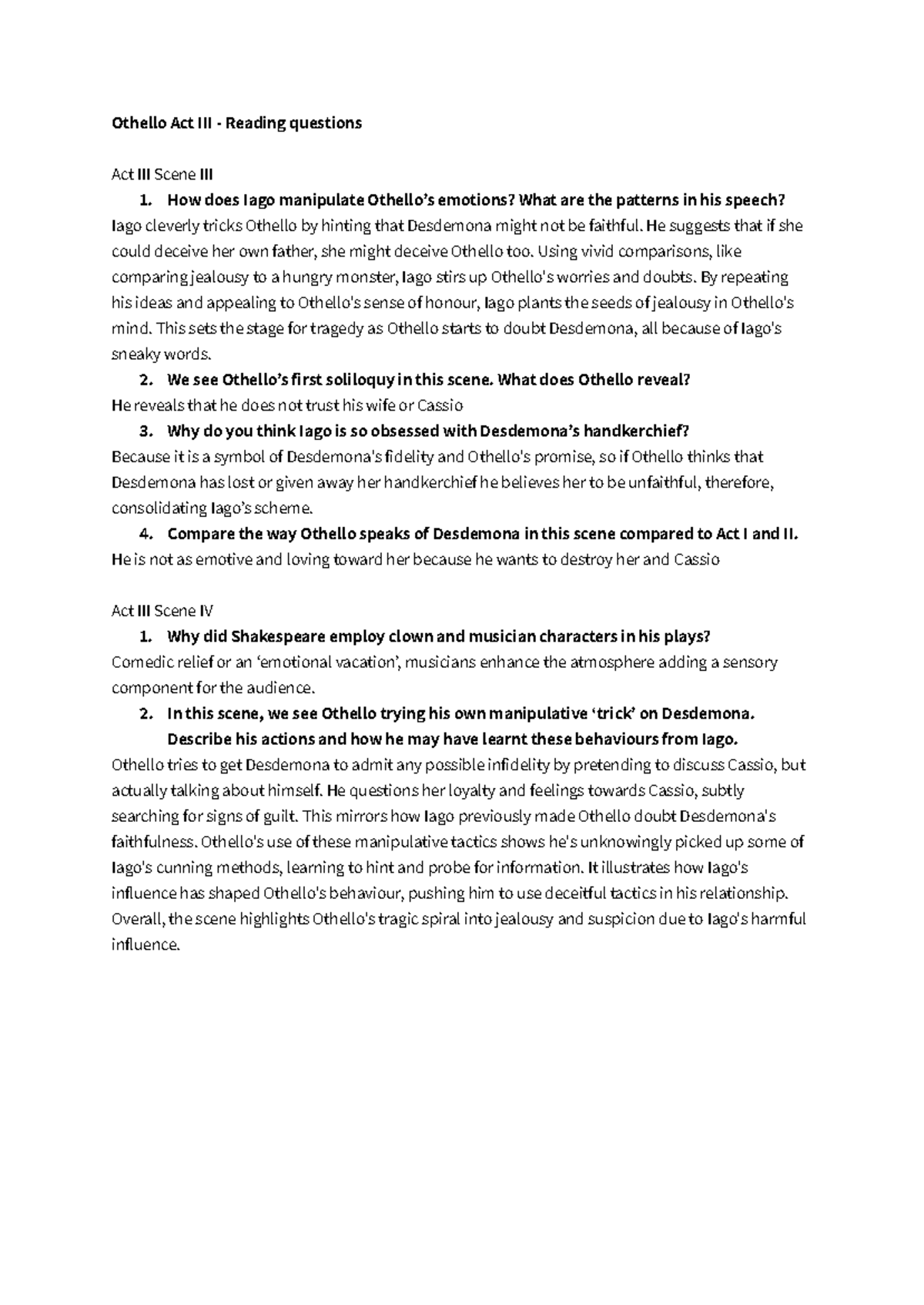 - Othello Act III - Reading questions - How does Iago manipulate ...