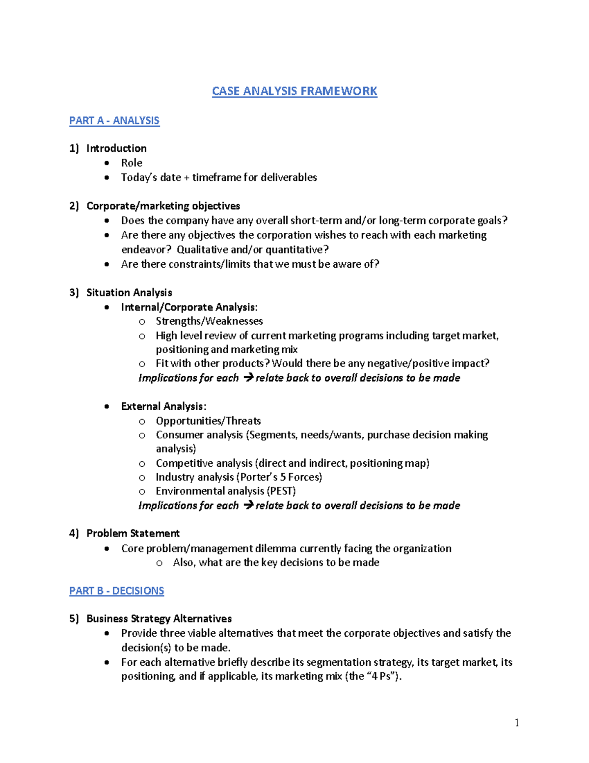Case Analysis Framework (1) - CASE ANALYSIS FRAMEWORK PART A - ANALYSIS ...