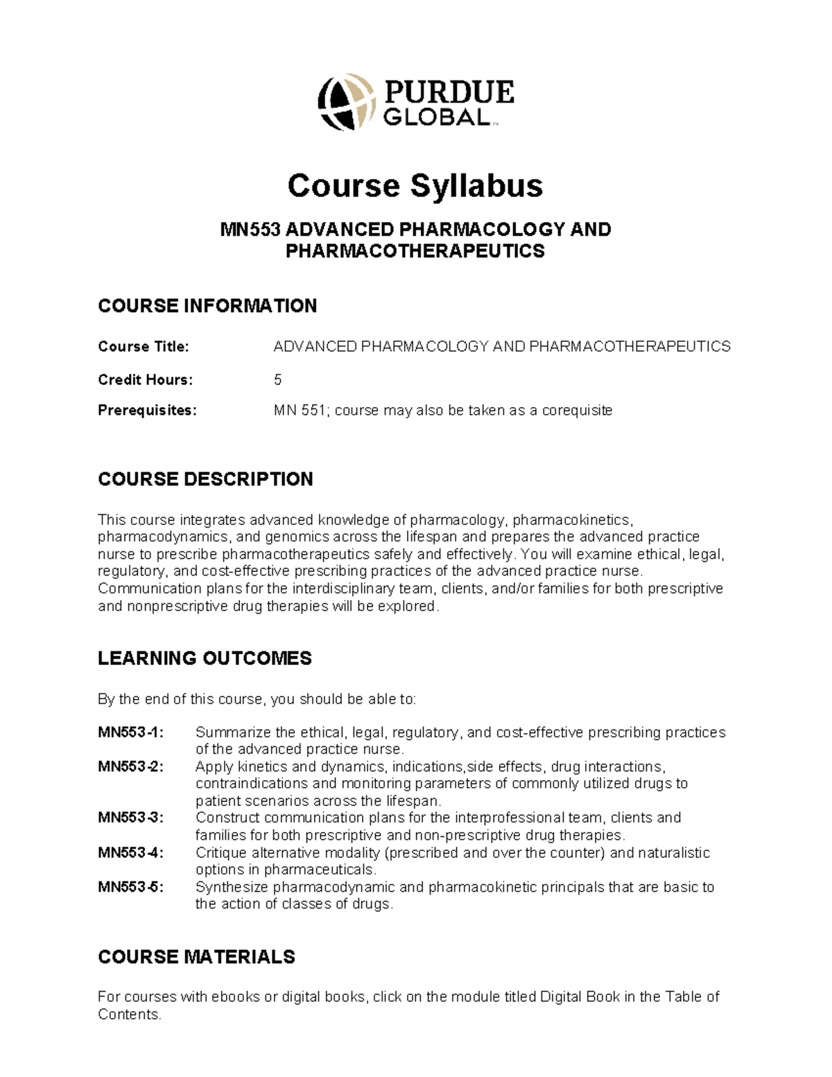 Syllabus - Course Syllabus MN553 ADVANCED PHARMACOLOGY AND ...