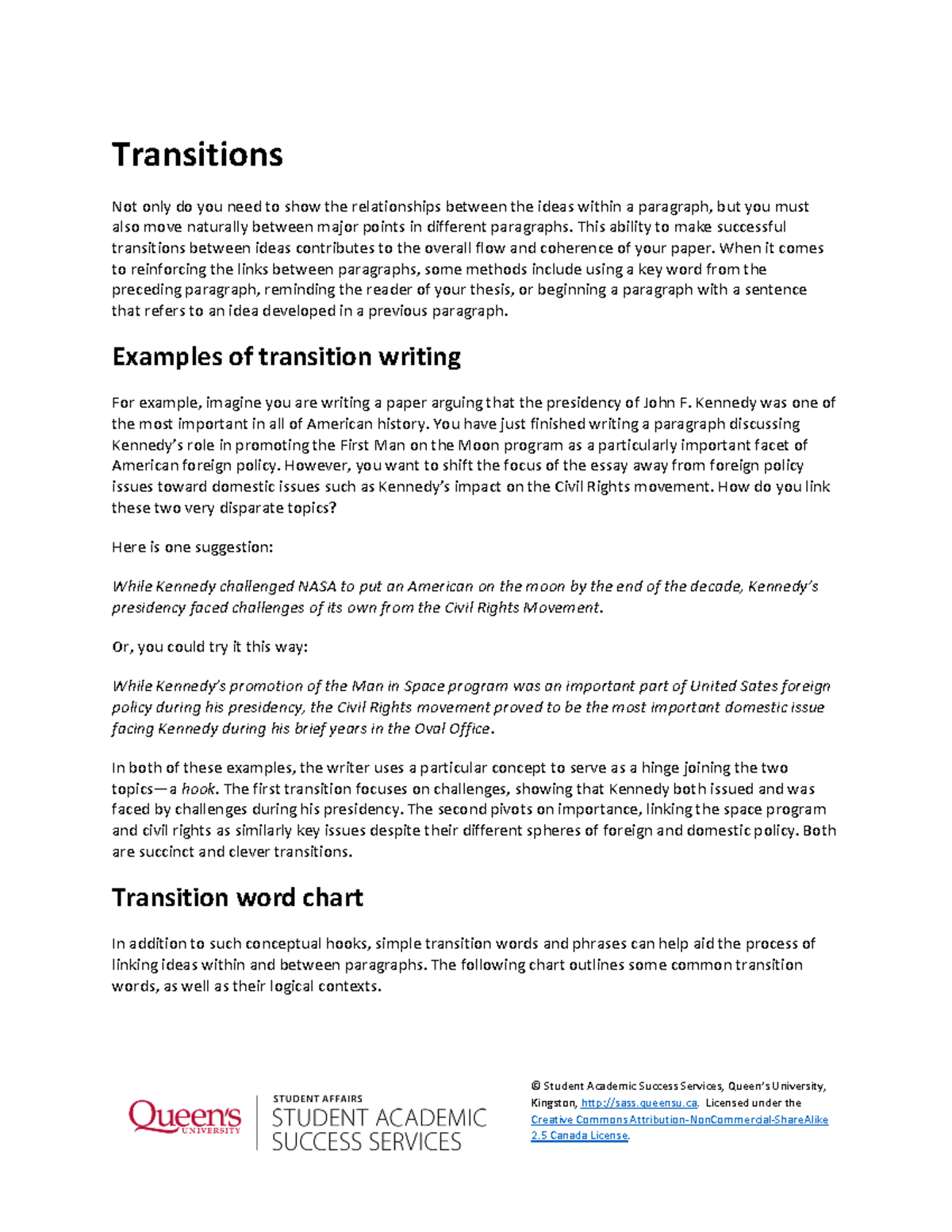 Transitions - Handout aid for assignments - © Student Academic Success ...
