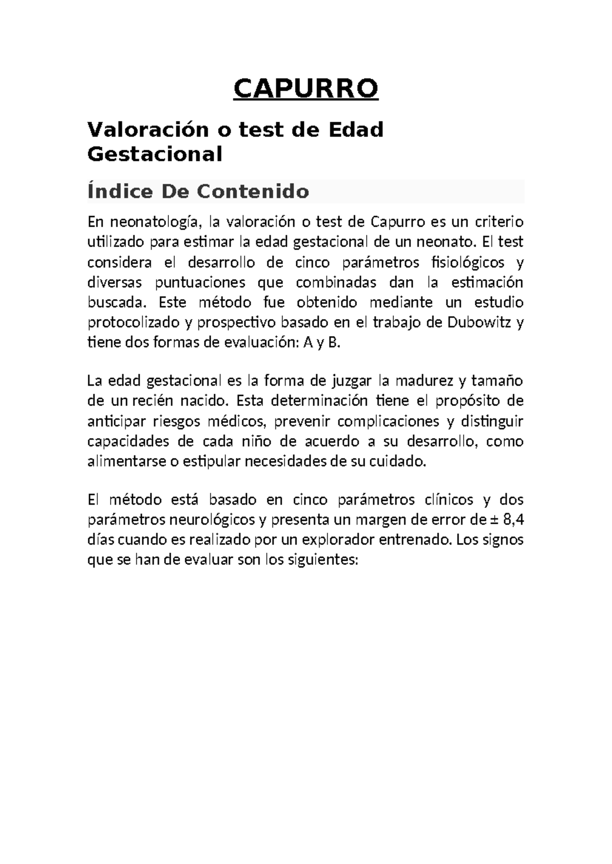 TEST DE Capurro - CAPURRO Valoración o test de Edad Gestacional Índice ...