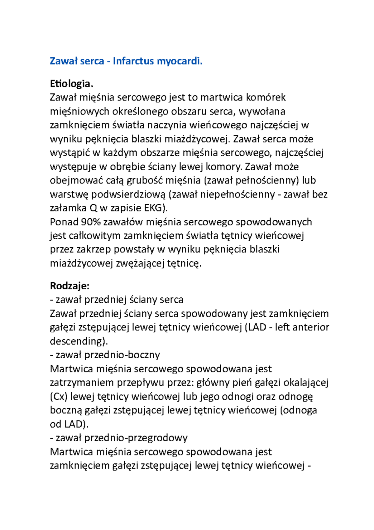 8. Zawał serca - Notatki z wykładu 8 - Zawał serca - Infarctus myocardi ...