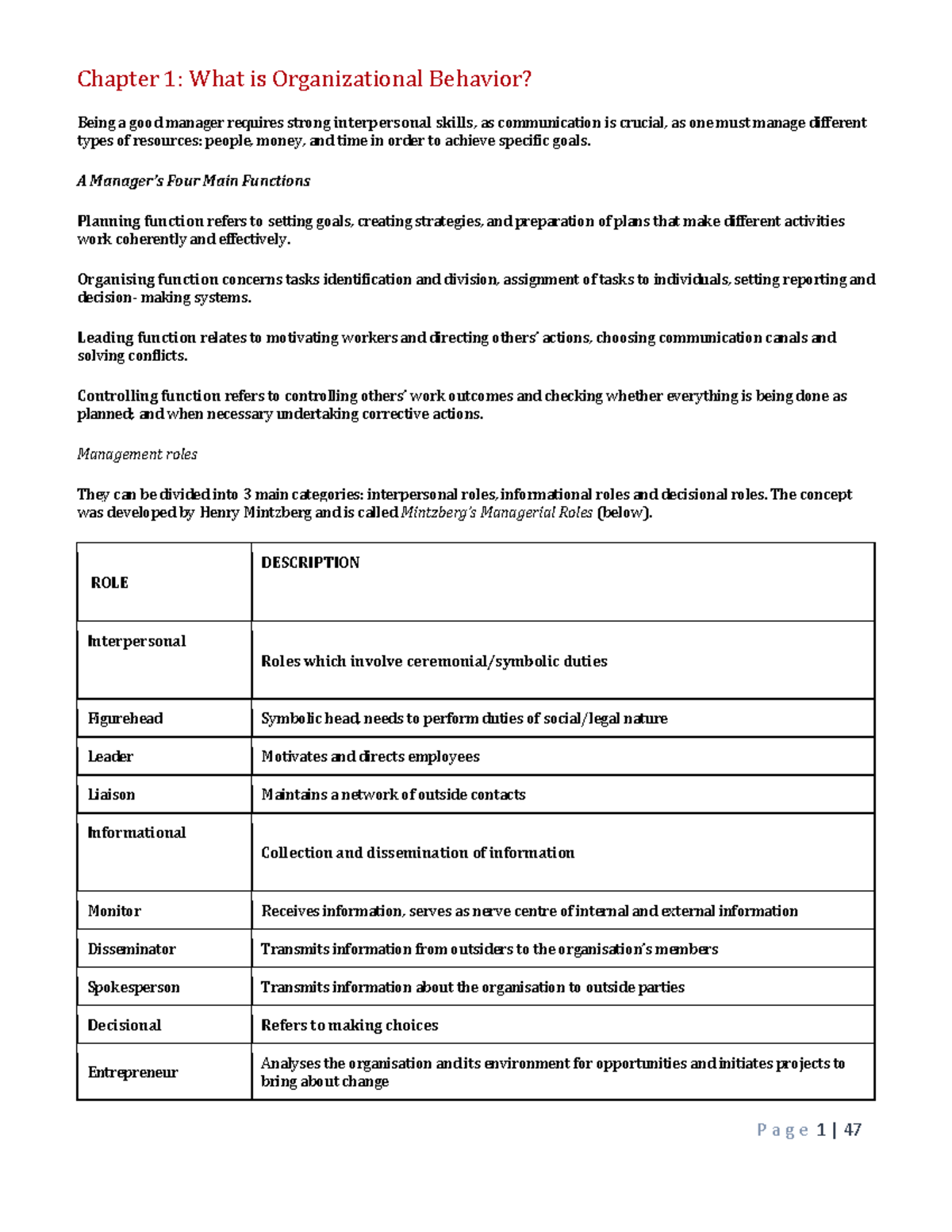 Summary of OB - Chapter 1: What is Organizational Behavior? Being a ...