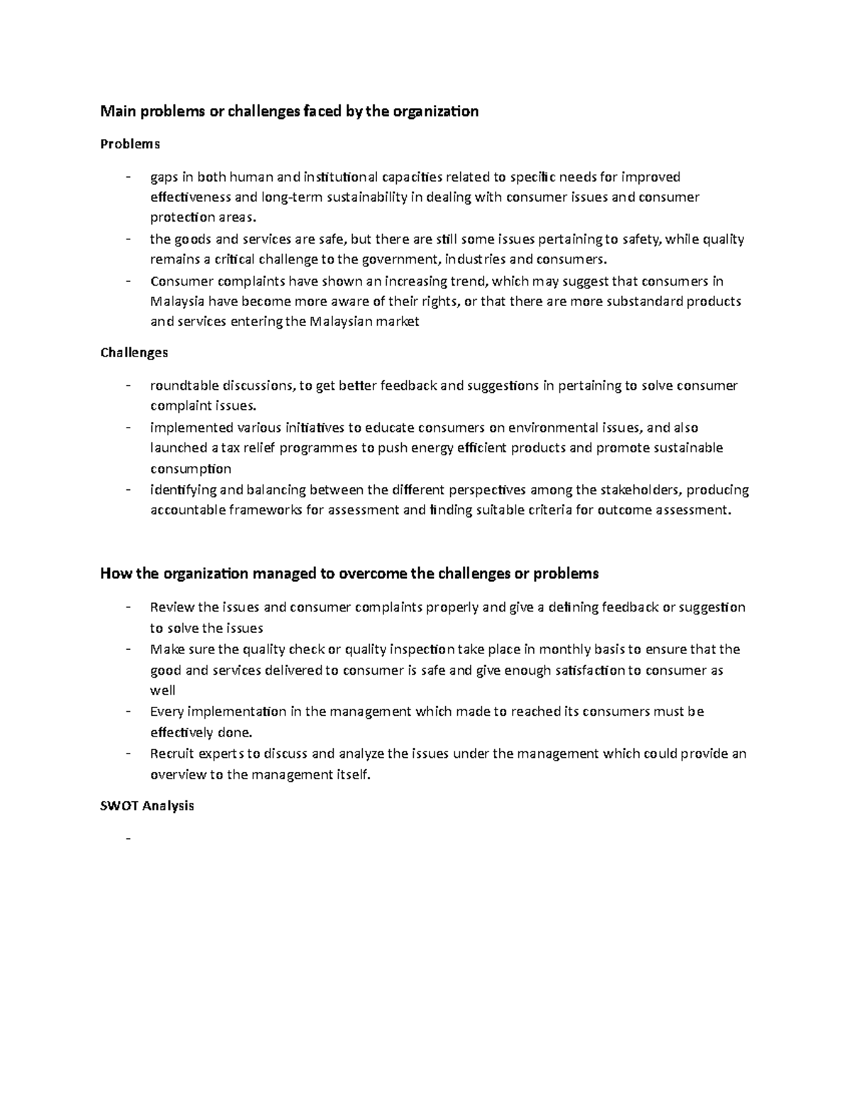 Main problems or challenges faced by the organization - the goods and ...