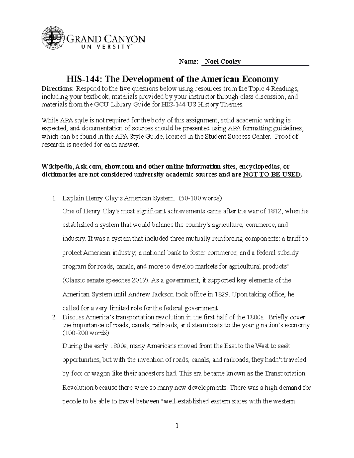 Revised week 4 assignment - Name: Noel Cooley HIS-144: The Development ...