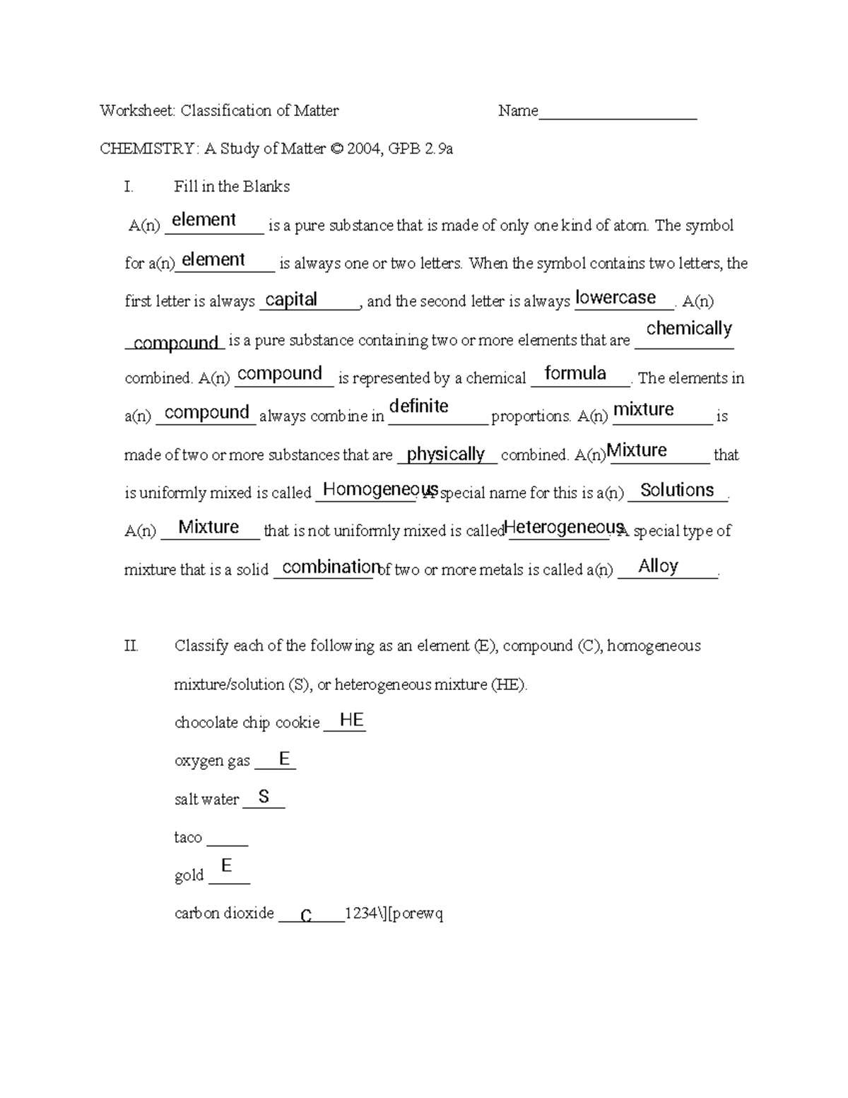 Classification of Matter Wksht - Worksheet: Classification of Matter ...