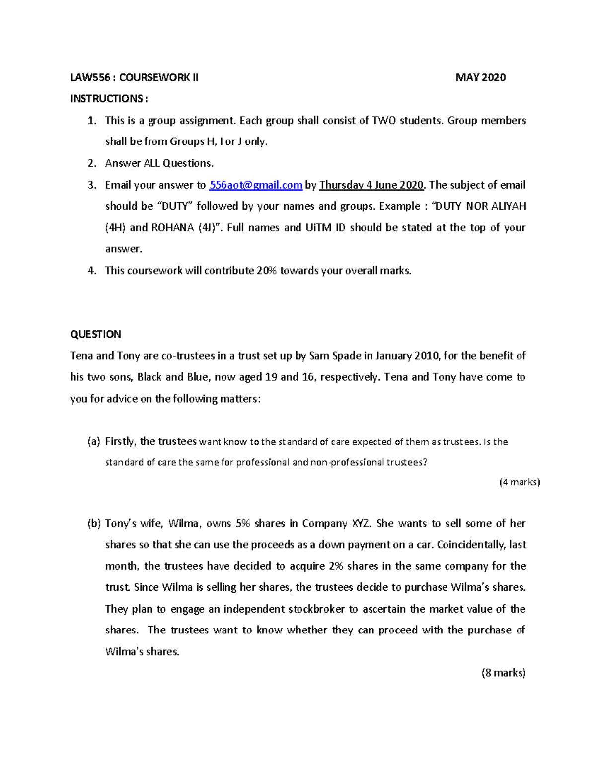 law of succession - LAW556 : COURSEWORK II MAY 2020 INSTRUCTIONS : This ...