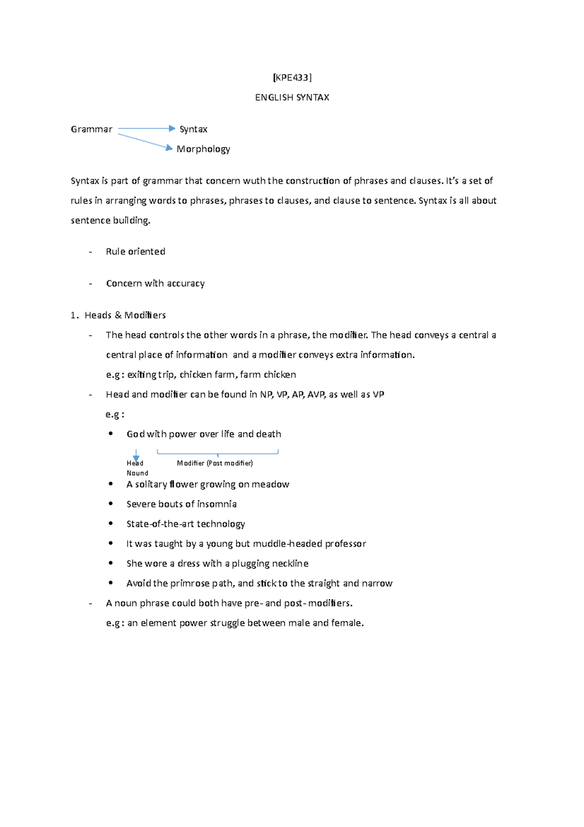 1 Kpe433 English Syntax Lexture Note [kpe433] English Syntax Grammar Syntax Morphology